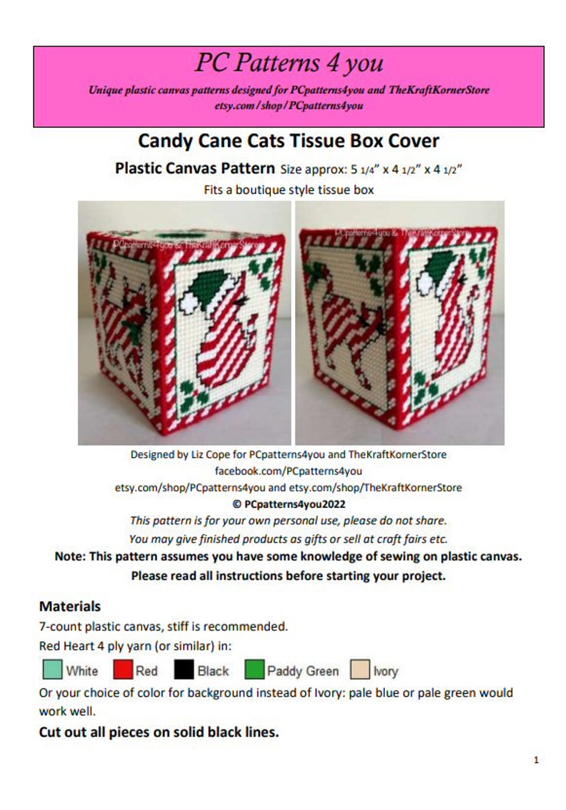 Pdf PATTERN - Candy Cane Cats Tissue Box Cover - Pdf Download for 7 ...