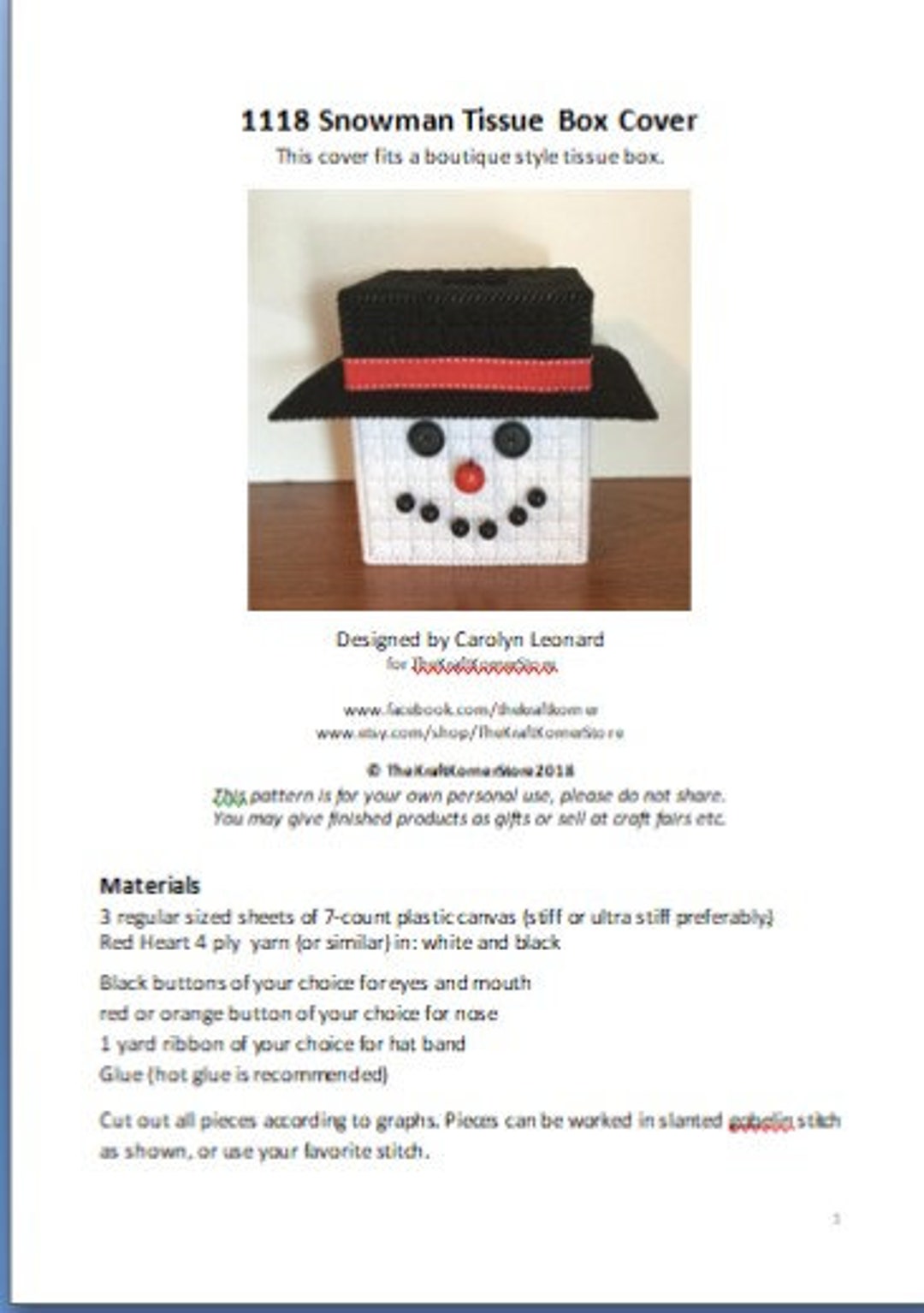 Pdf PATTERN - Snowman Tissue Box Cover - DOWNLOADABLE Pdf Pattern - Etsy