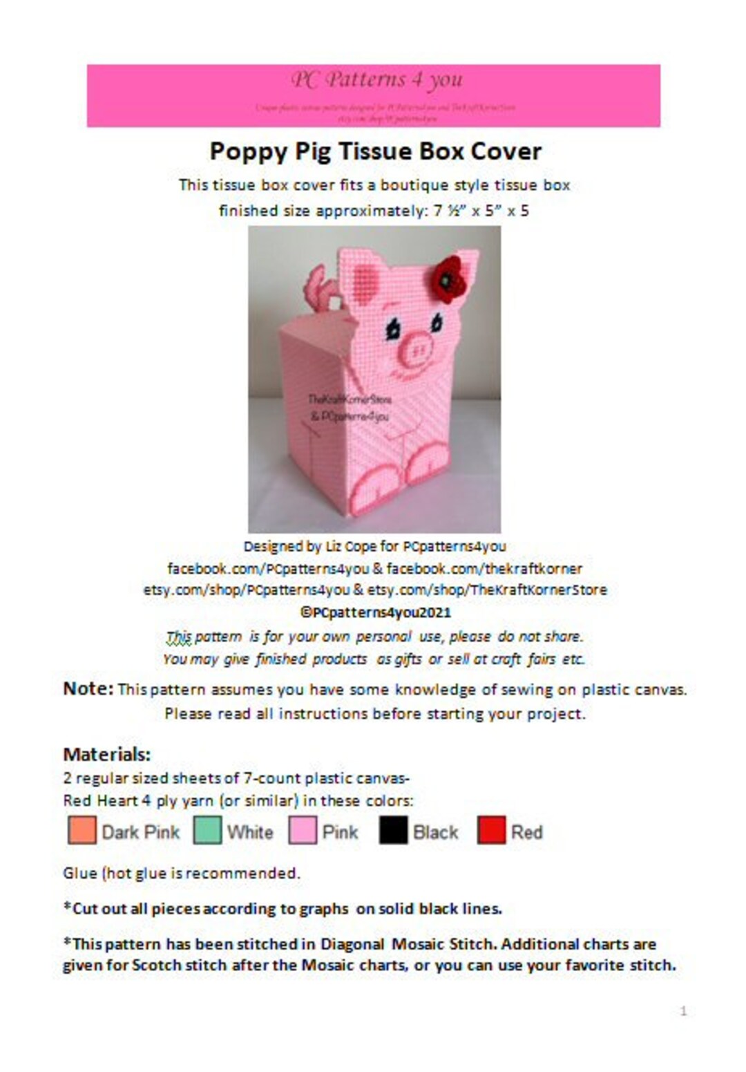Pdf PATTERN - Poppy Pig Tissue Box Cover - Pdf Download for 7 Mesh ...