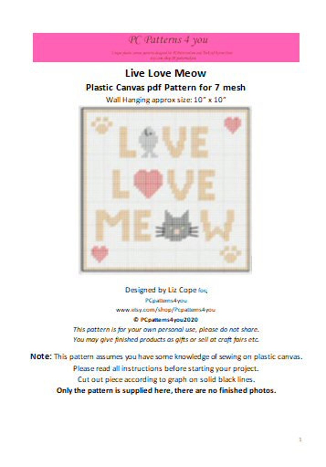 Pdf PATTERN: Live Love Meow - Wall Hanging - Plastic Canvas - Etsy