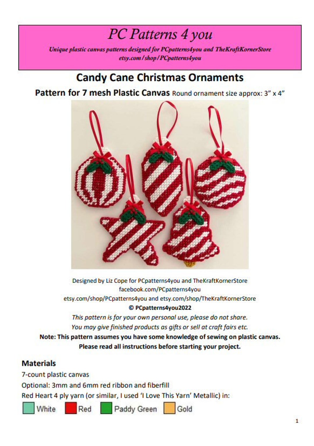 Pdf PATTERN - Candy Cane Patterned Christmas Ornaments - Pdf Download ...