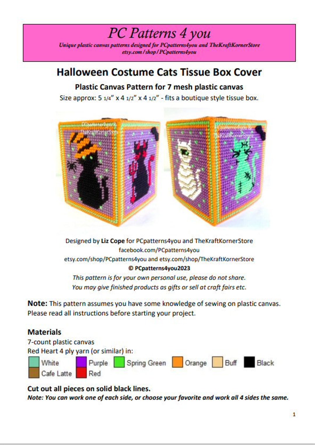 Pdf PATTERN - Halloween Costume Cats Tissue Box Cover - Pdf Download ...