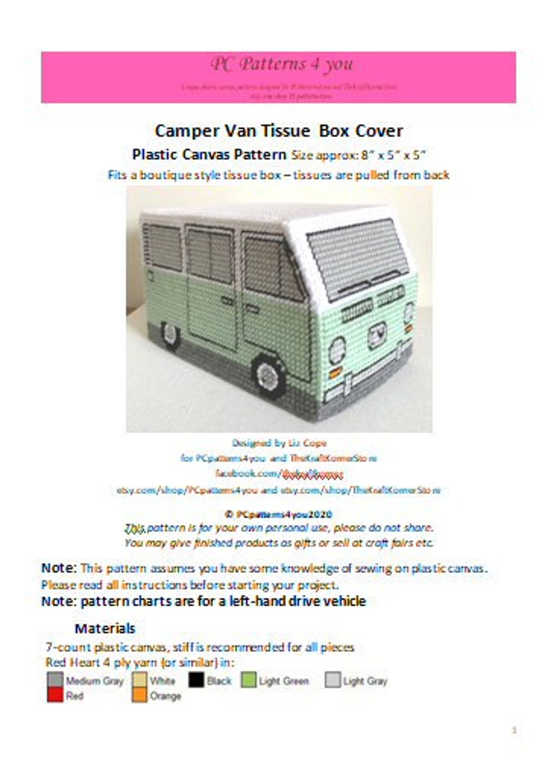 Pdf PATTERN - Camper Van Tissue Box Cover for Plastic Canvas - Pdf ...