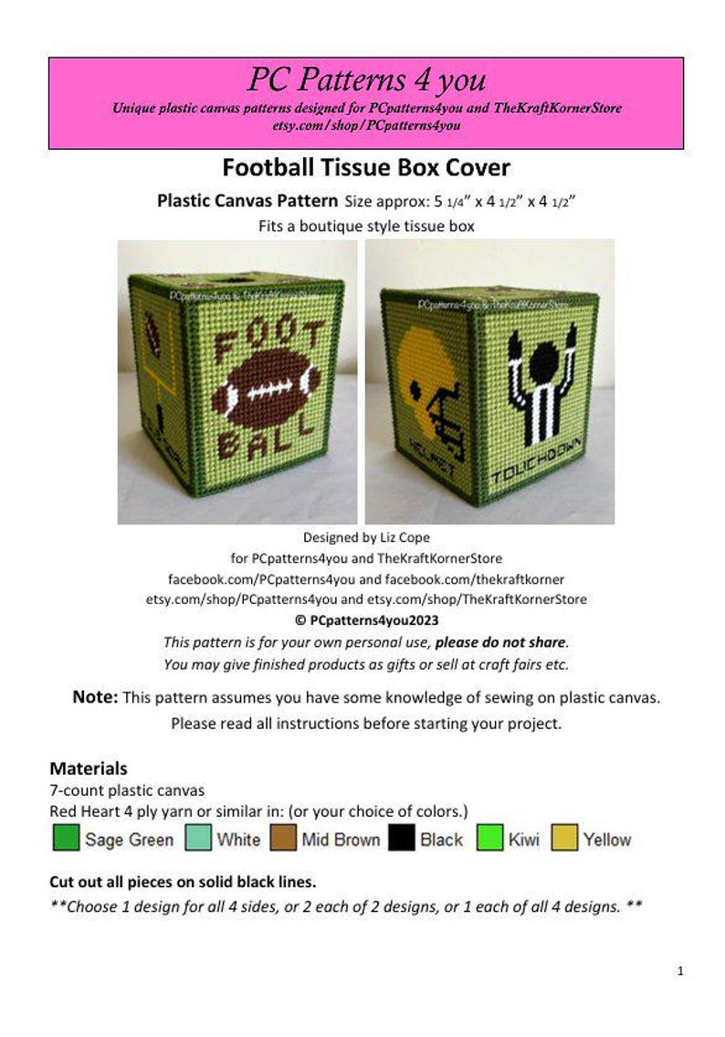 Pdf PATTERN - Football Tissue Box Cover - Pdf Download for 7 Mesh ...