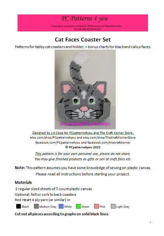 Pdf PATTERN - Cat Face Coaster Set - Pdf Digital Download - Etsy