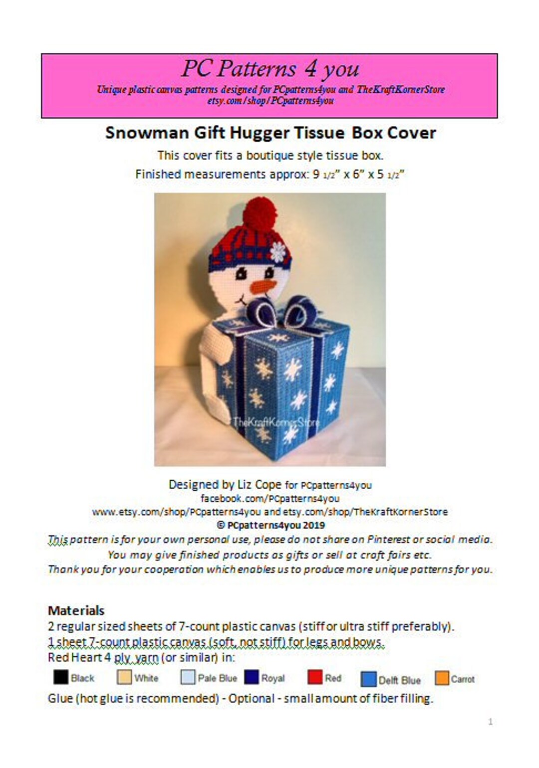 Pdf PATTERN - Snowman Gift Hugger Tissue Box Over - DOWNLOADABLE Pdf ...