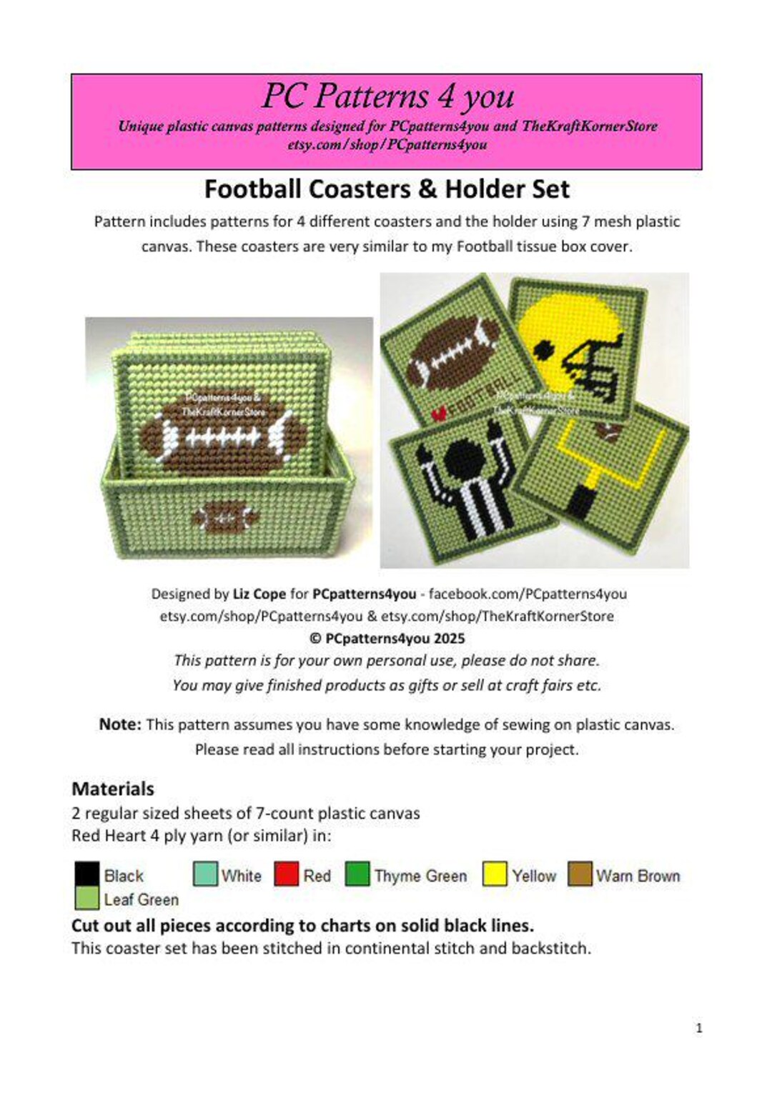 Pdf PATTERN - Football Coasters and Holder Set - Pdf Download for 7 ...