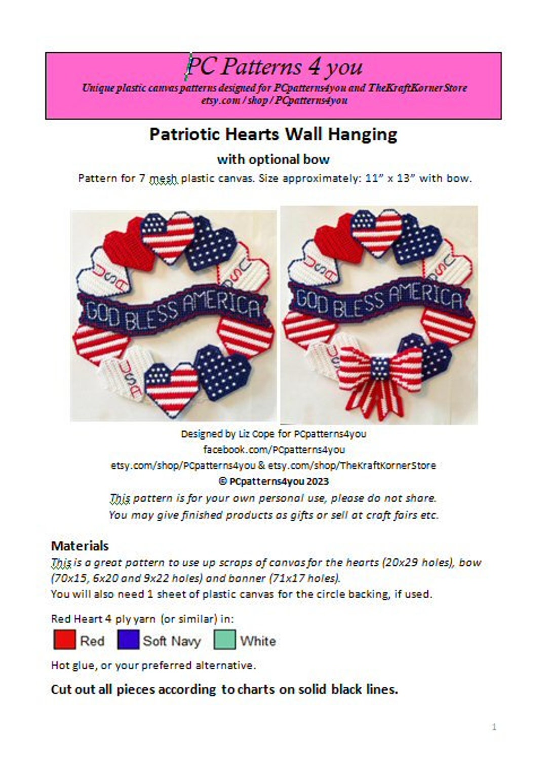 Pdf PATTERN - Patriotic Hearts Wall Hanging- Pdf Download for 7 Mesh Plastic Canvas - Etsy