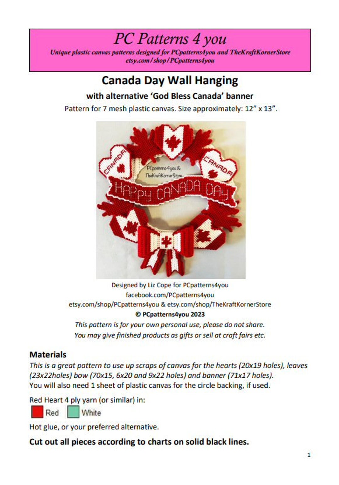 Pdf PATTERN - Canada Day Wall Hanging- Pdf Download for 7 Mesh Plastic ...
