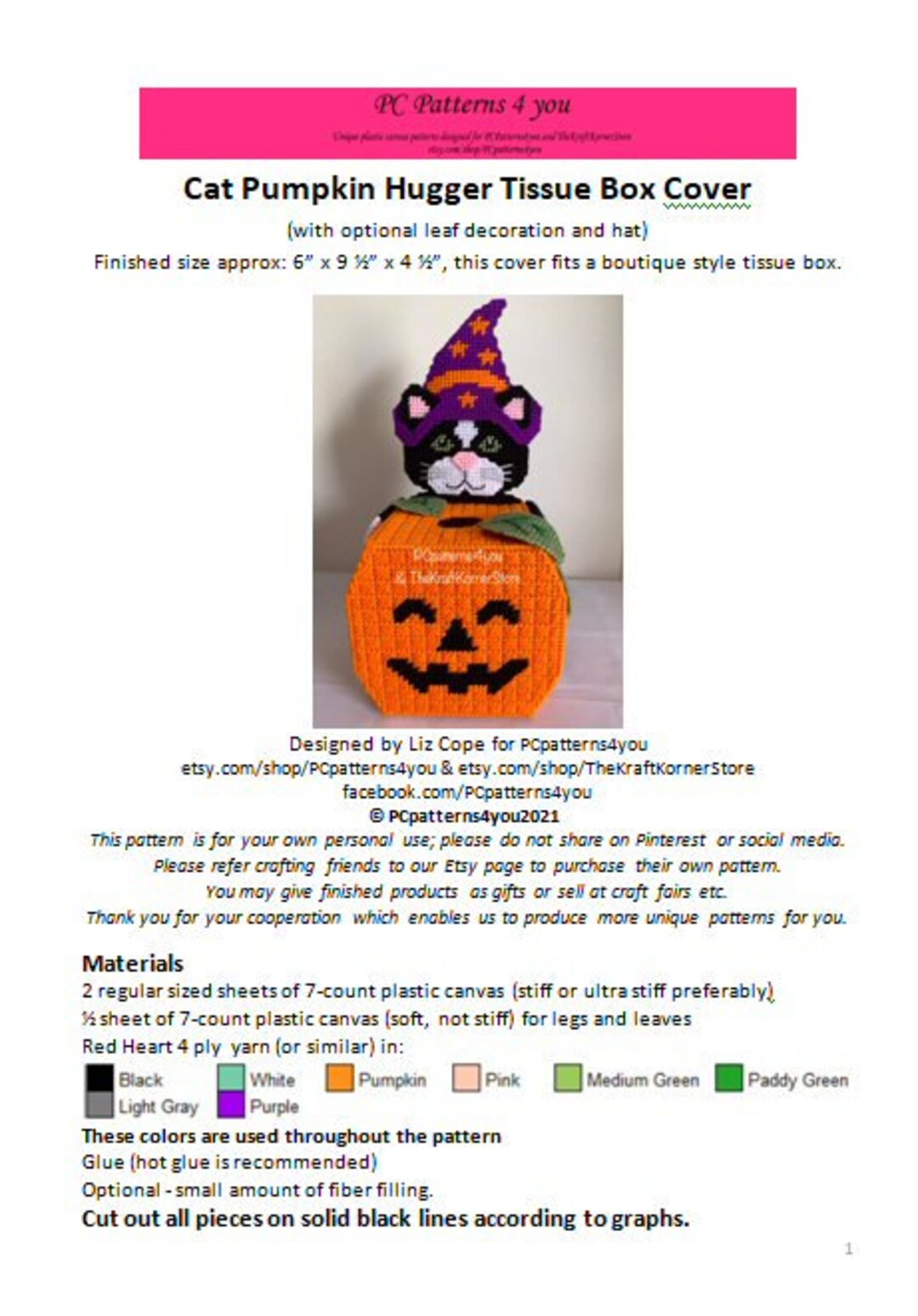 Pdf PATTERN - Cat Pumpkin Hugger Tissue Box Cover - DOWNLOADABLE Pdf ...