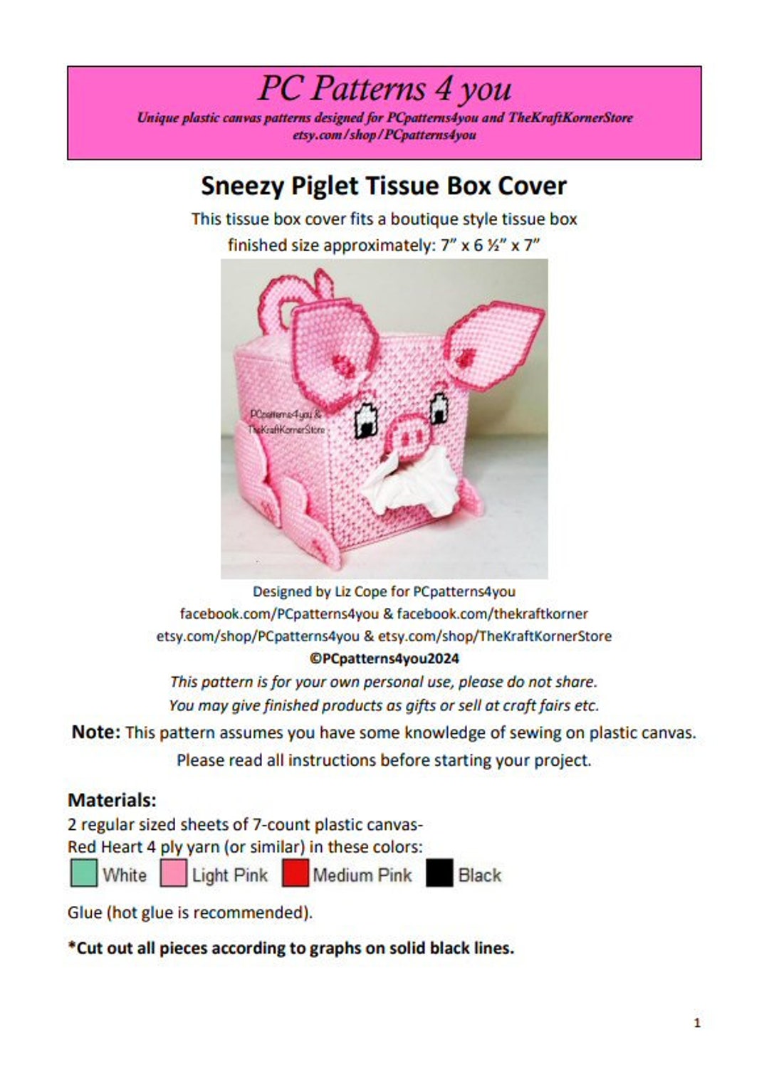 Pdf PATTERN - Sneezy Piglet Tissue Box Cover - DOWNLOADABLE Pdf Pattern ...