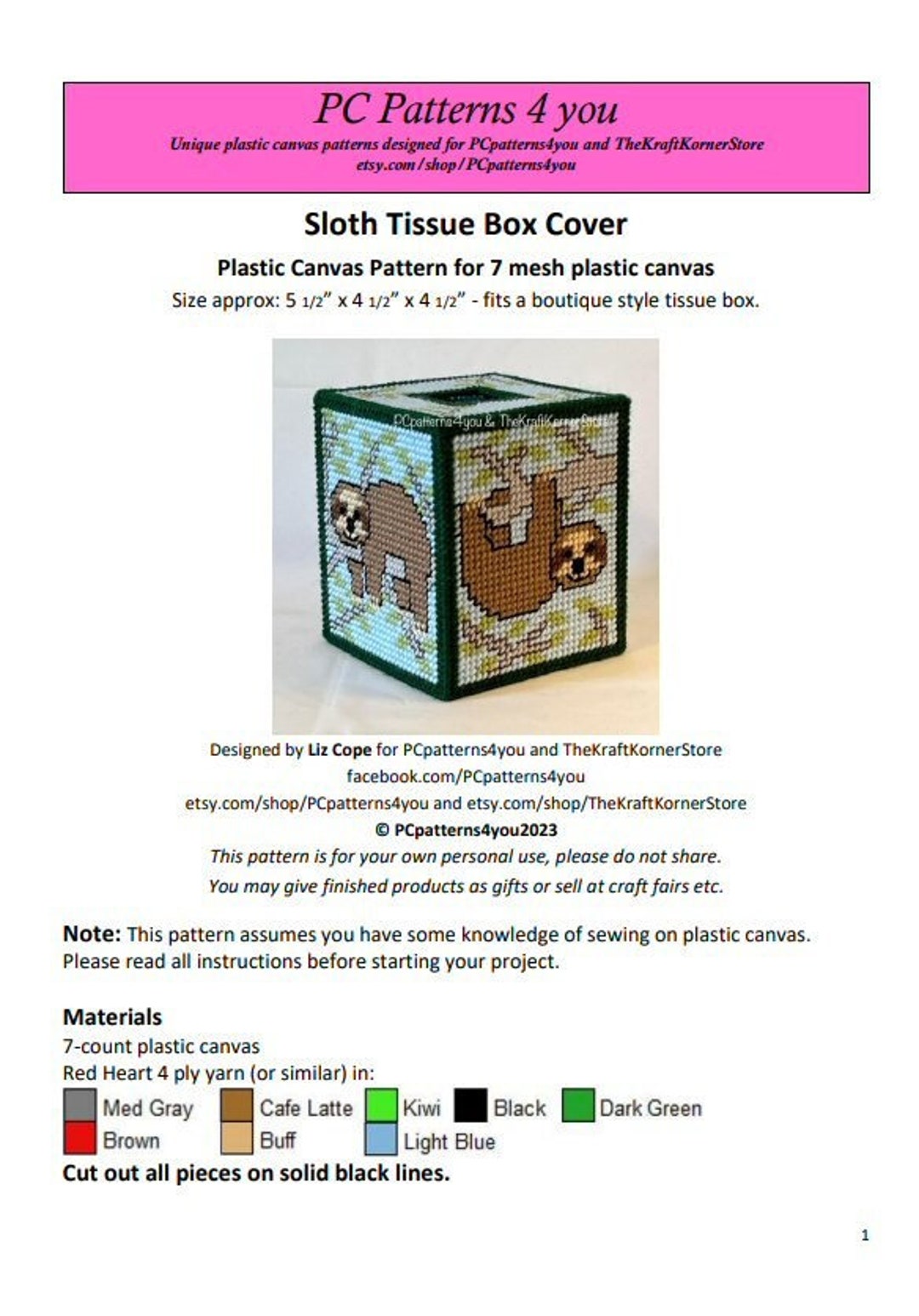 Pdf PATTERN - Sloth Tissue Box Cover - Pdf Download for 7 Mesh Plastic ...