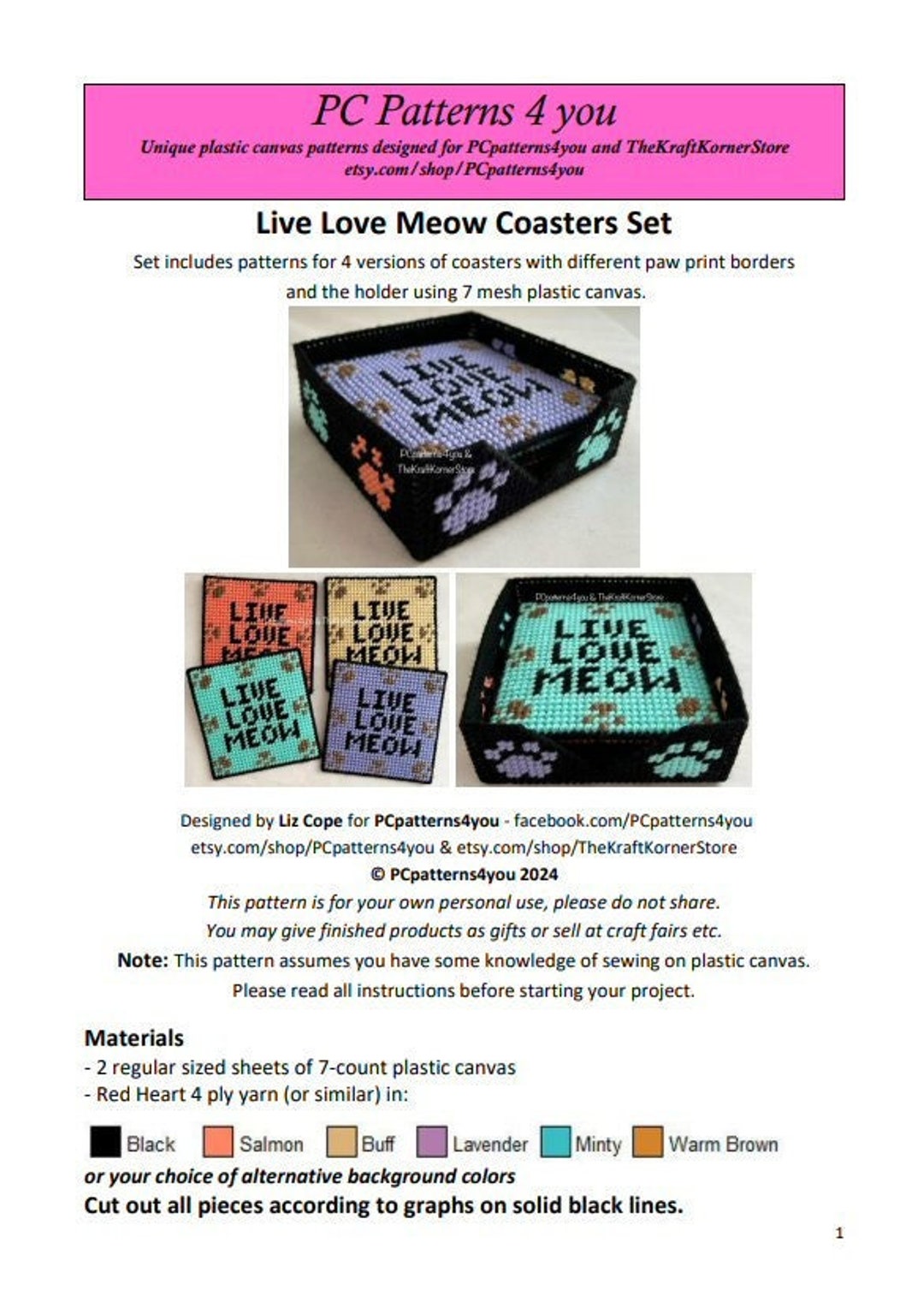 Pdf PATTERN - Live Love Meow Coasters and Holder Set - Pdf Download for ...