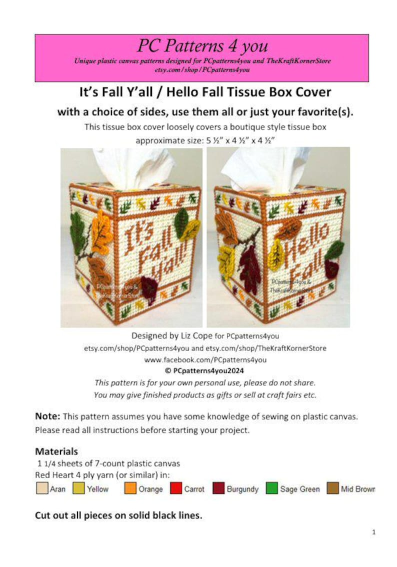 Pdf Pattern - It's Fall Y'all Tissue Box Cover - Pdf Download for 7 ...
