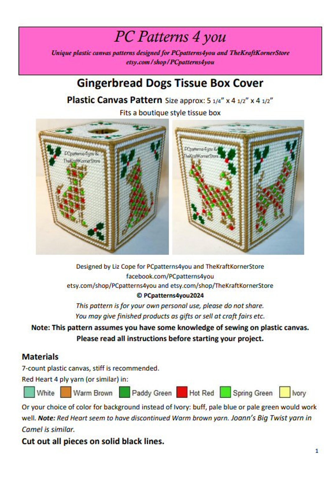 Pdf PATTERN - Gingerbread Dogs Tissue Box Cover - Pdf Download for 7 ...