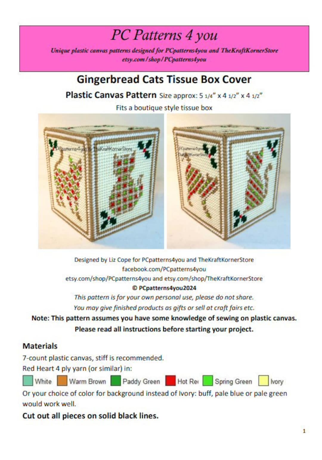 Pdf PATTERN - Gingerbread Cats Tissue Box Cover - Pdf Download for 7 ...
