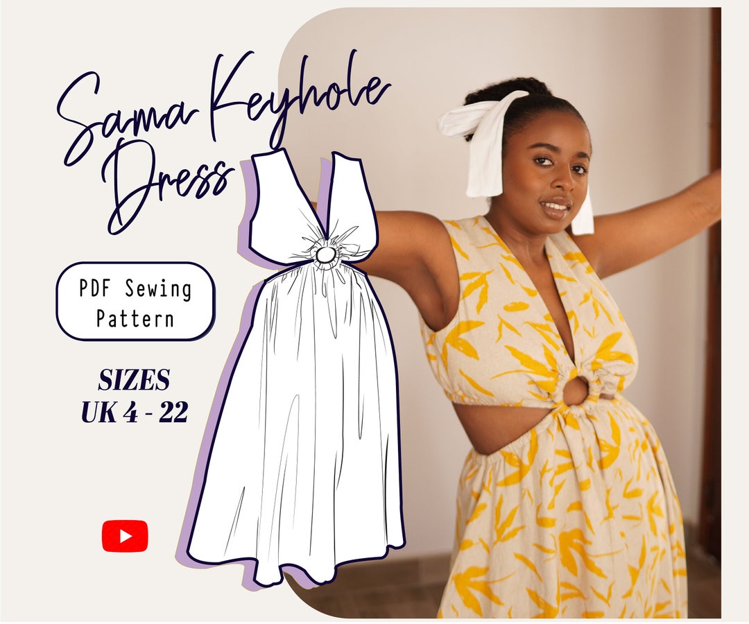 Keyhole V-neck Dress Sewing Pattern With Gathered Skirt, Ring Cutout ...