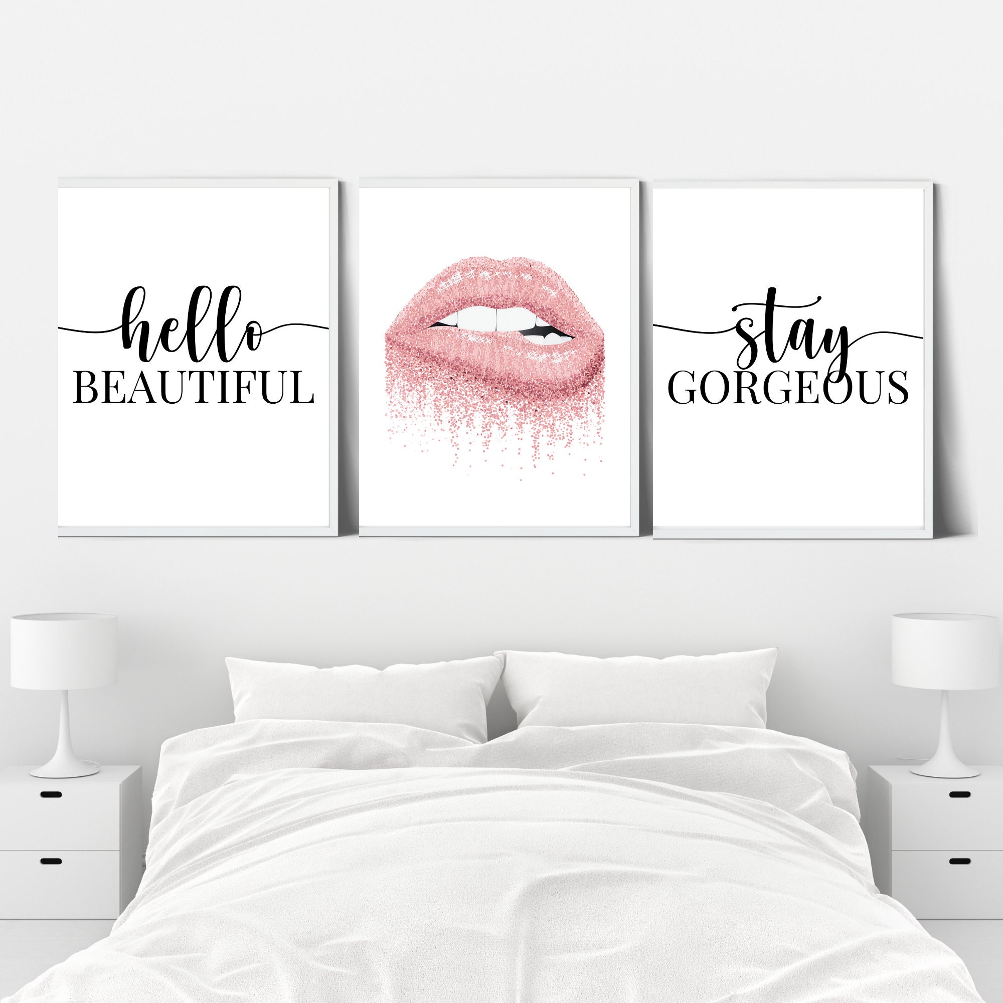 Hello Beautiful; Stay Gorgeous; 3 Piece White and Pink Prints; Beauty ...