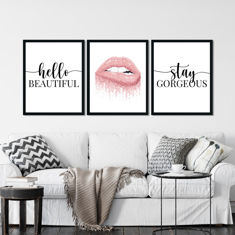 Hello Beautiful; Stay Gorgeous; 3 Piece White and Pink Prints; Beauty ...