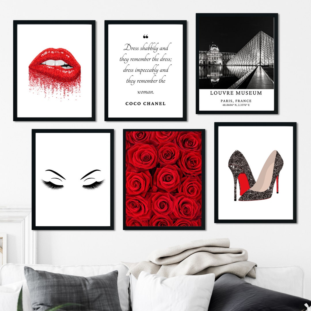 6 Piece Red and Black Fashion Decor Print Set; Bedroom / Bathroom Home ...