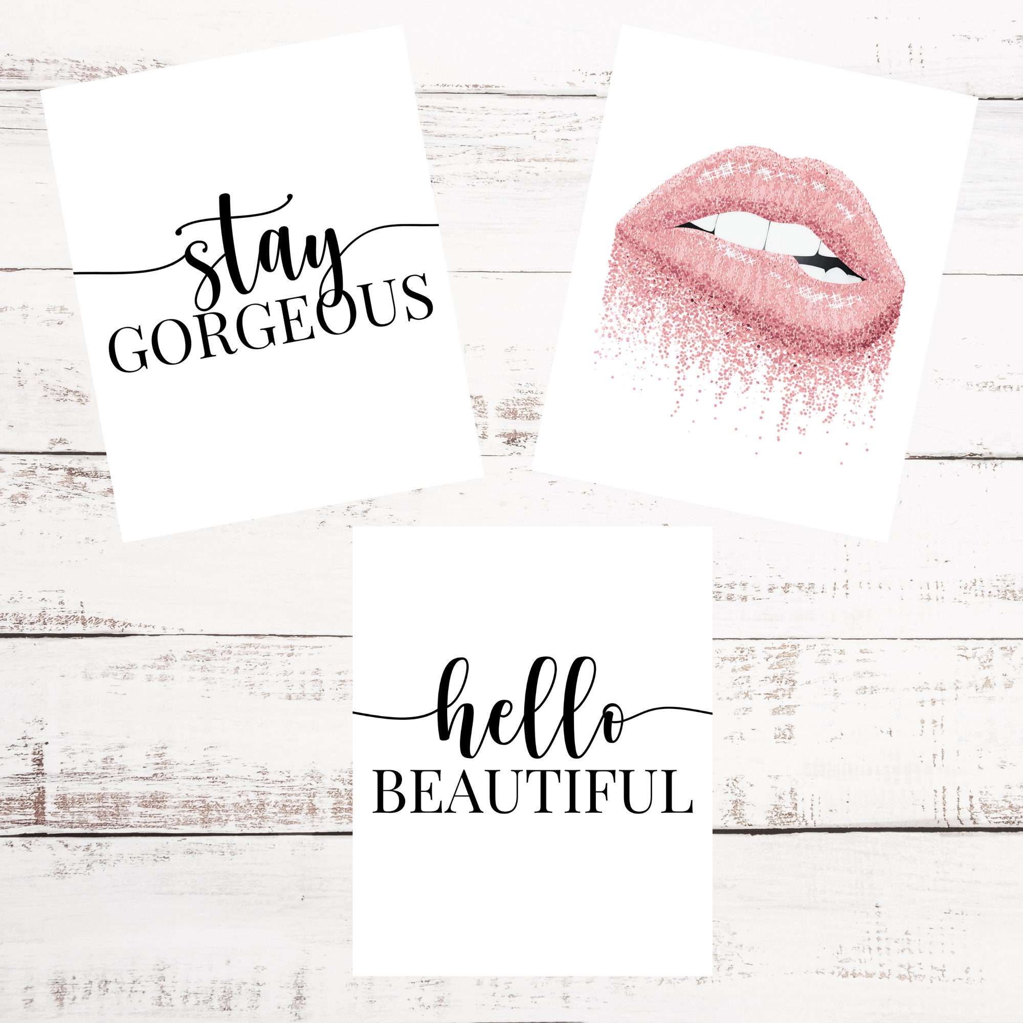 Hello Beautiful; Stay Gorgeous; 3 Piece White and Pink Prints; Beauty ...
