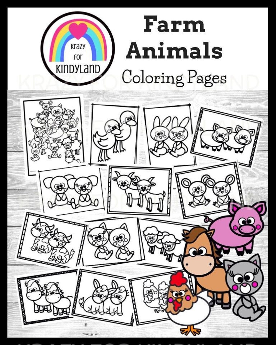 Farm Animal Coloring Pages Booklet: Cow, Horse, Pig, Chicken, Dog, Cat ...