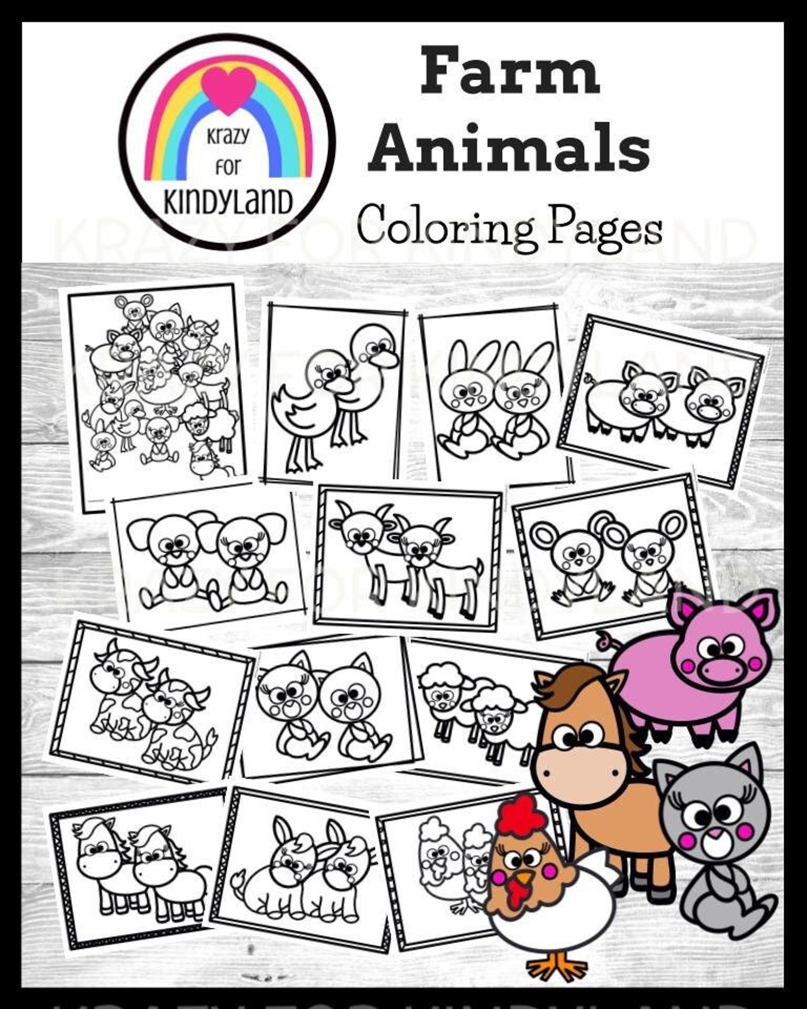 Farm Animal Coloring Pages Booklet: Cow, Horse, Pig, Chicken, Dog, Cat ...