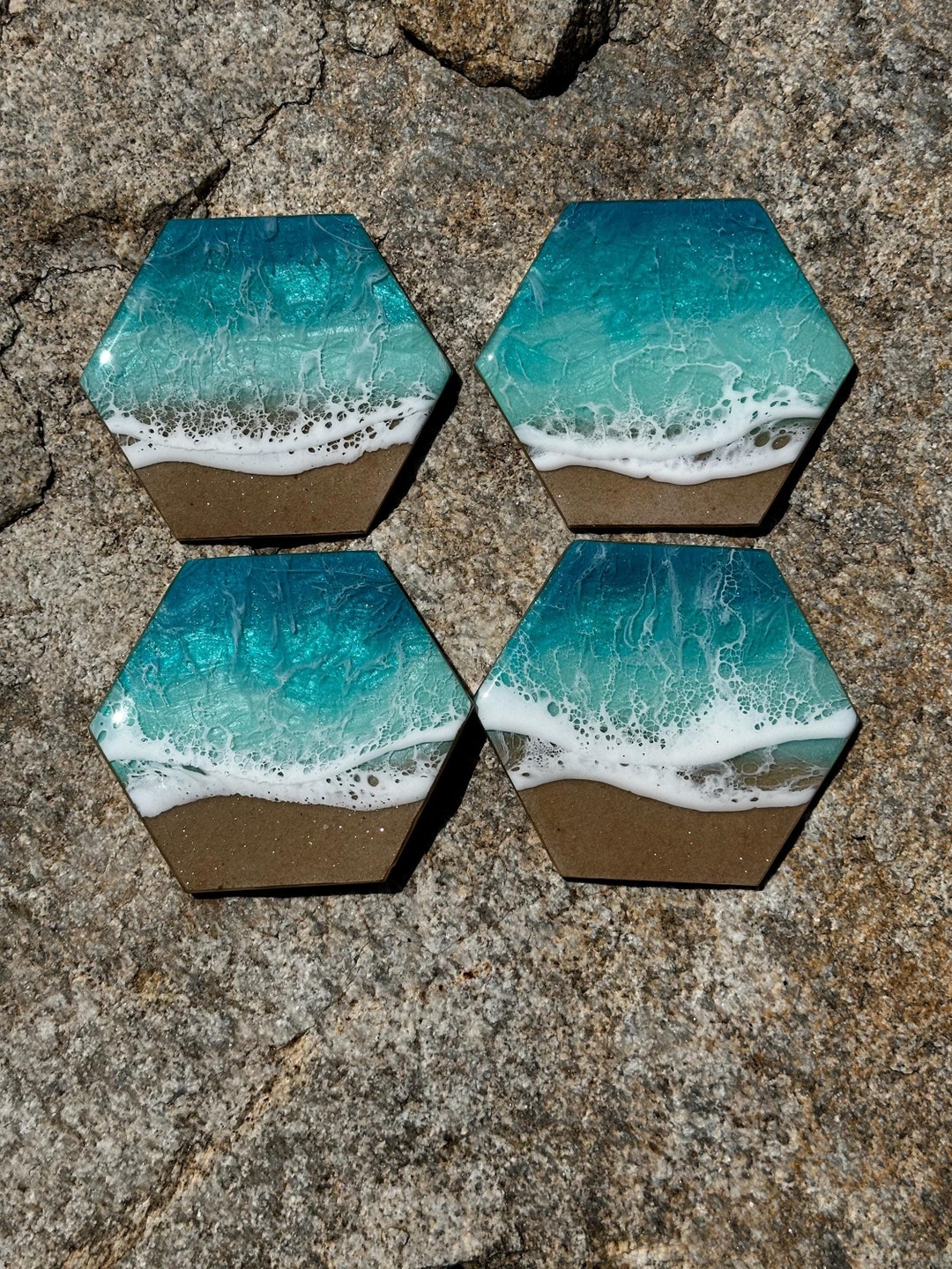 Ocean Coaster Set, Hexagon Coasters, Ocean Beach Resin Coasters, Set of ...