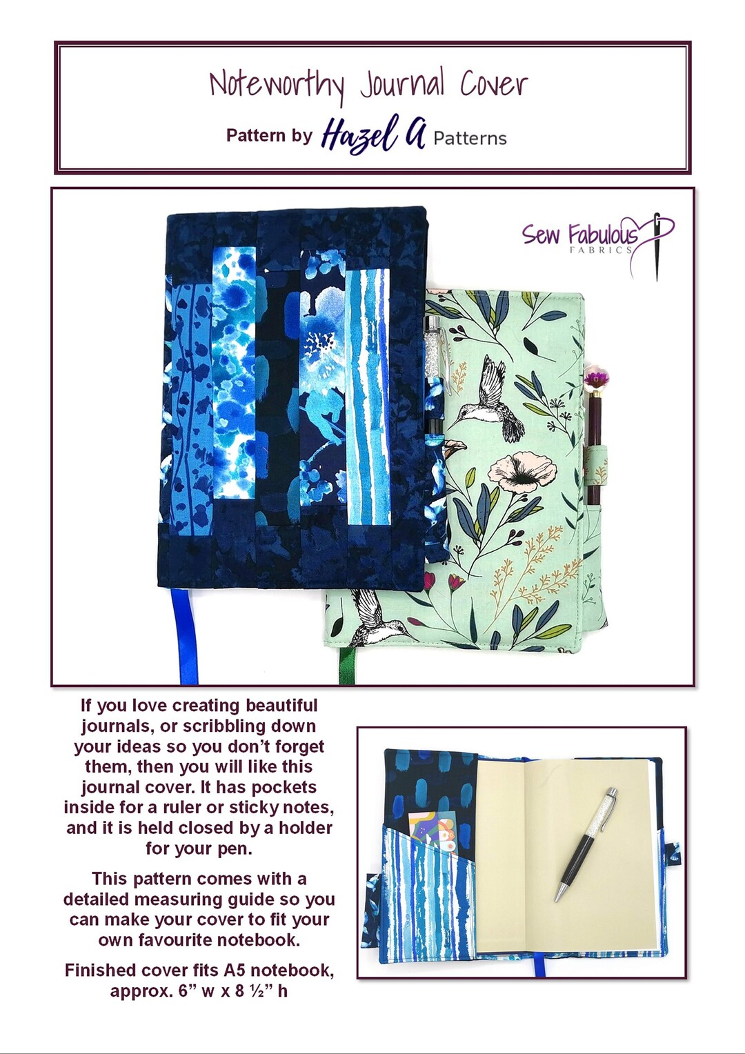 Noteworthy Journal Cover PDF Pattern, Sewing Project, PDF Pattern - Etsy