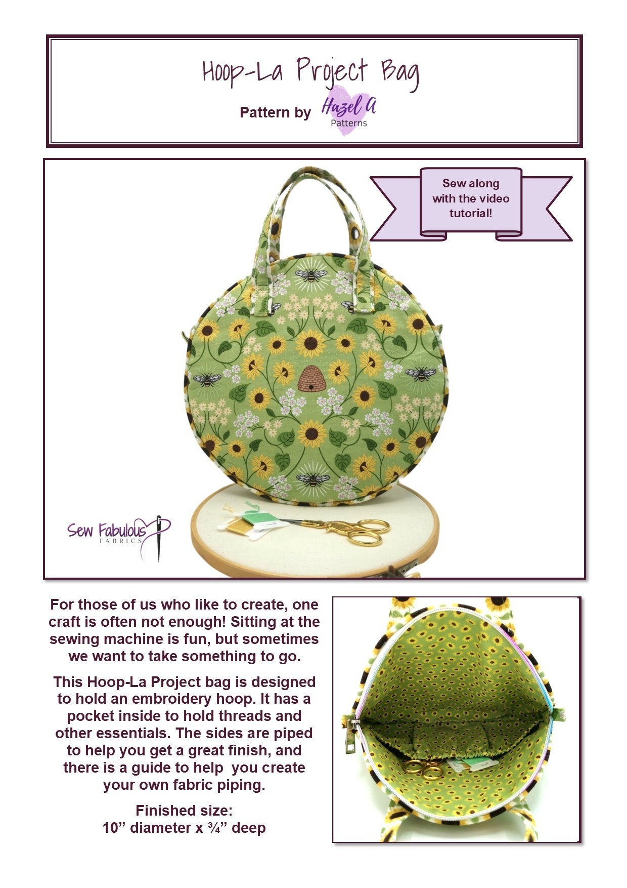 Hoop-la Project Bag PDF Pattern, Sewing Pattern, Cross Stitch ...