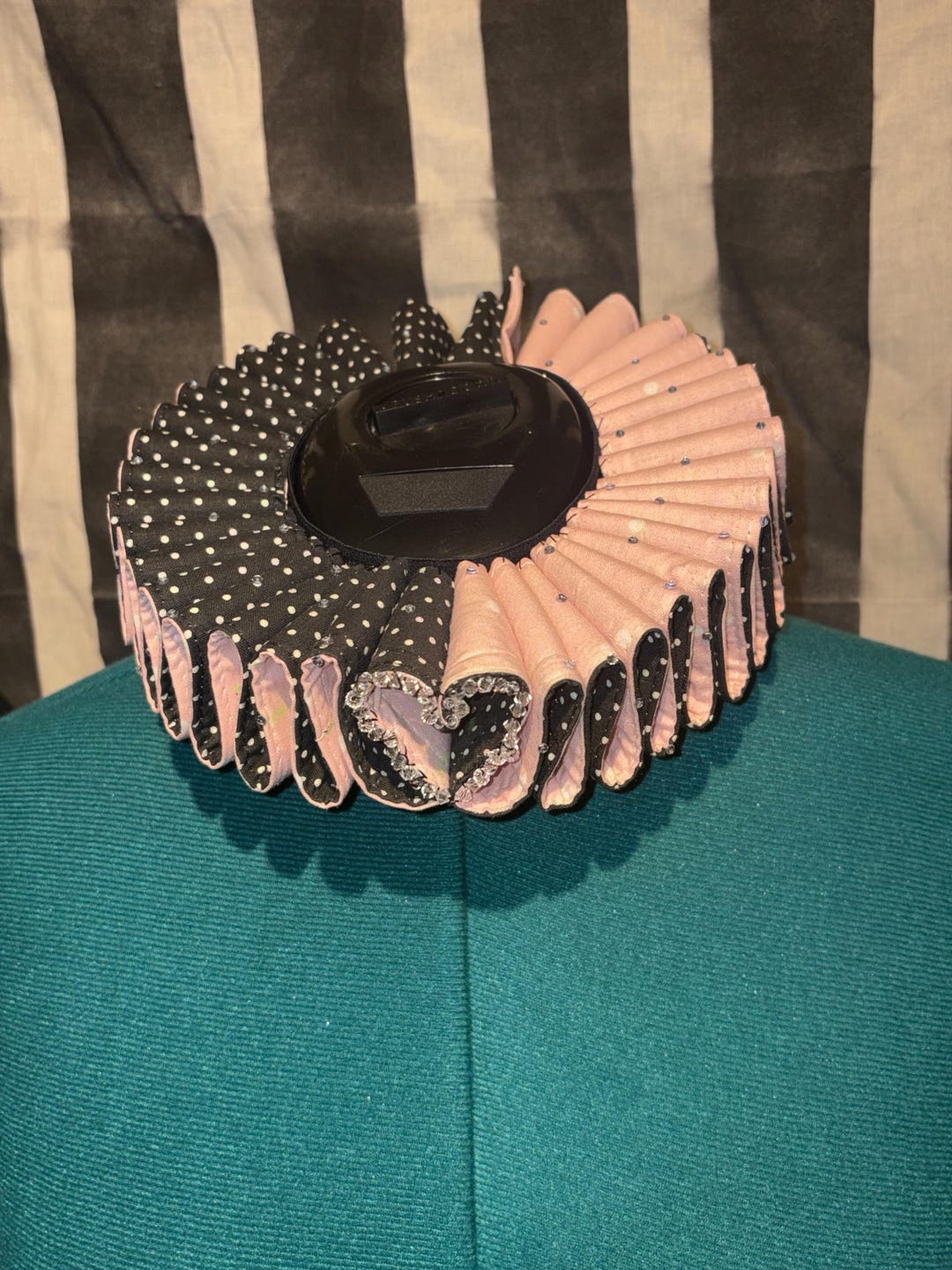 Handmade Jester Ruff Collar, Black Pink Cotton Heart Rhinestones ...
