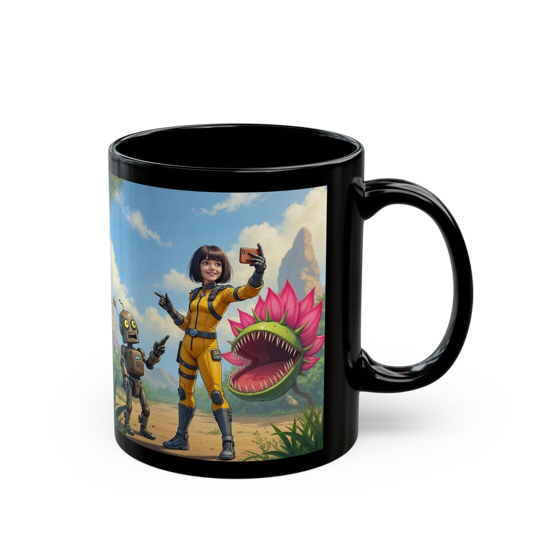 Black Mug, Cyberpunk Girl Selfie With Alien Flower and Robot, Anime ...