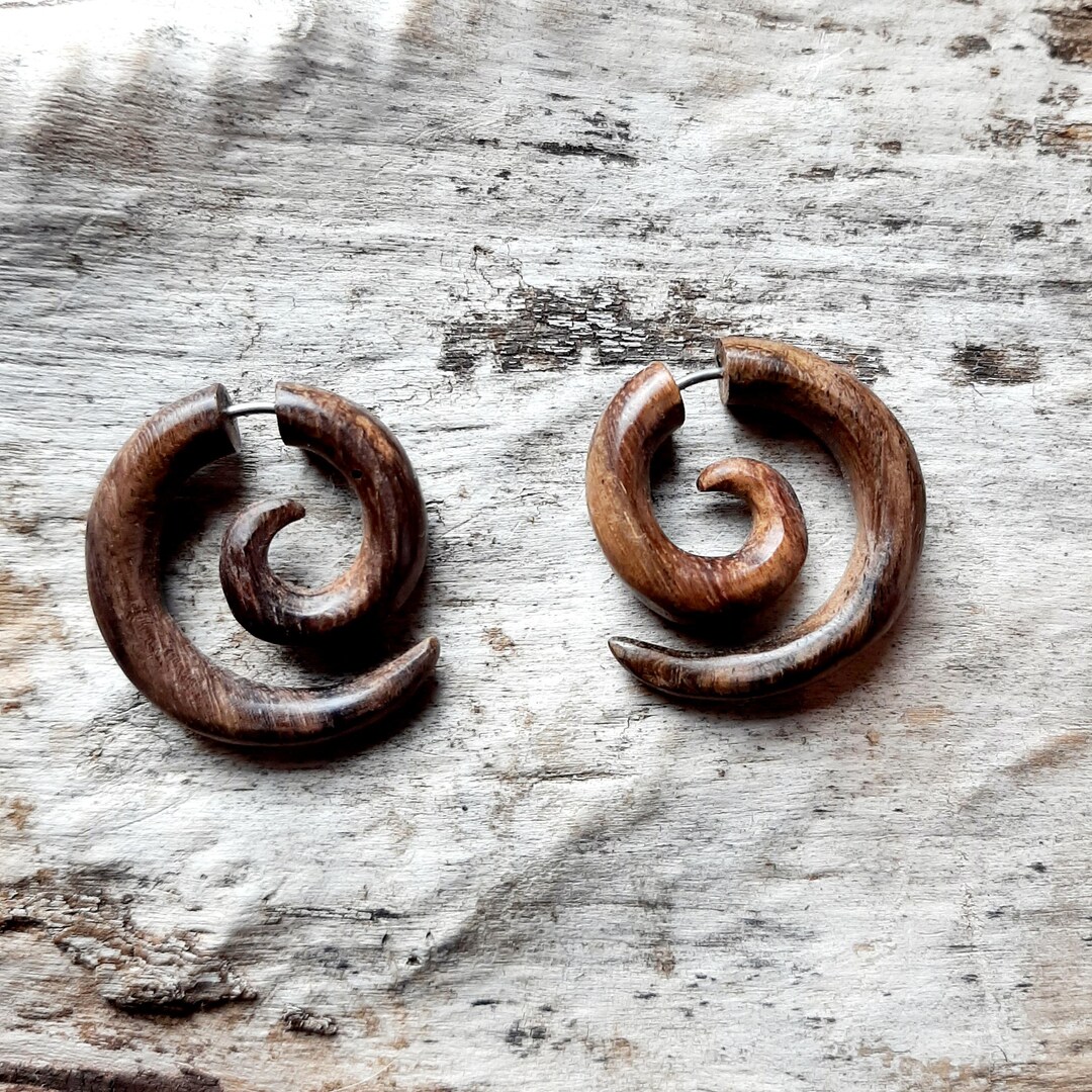 Brown Wooden Spiral Earrings, Fake Ear Expander for Men and Women - Etsy