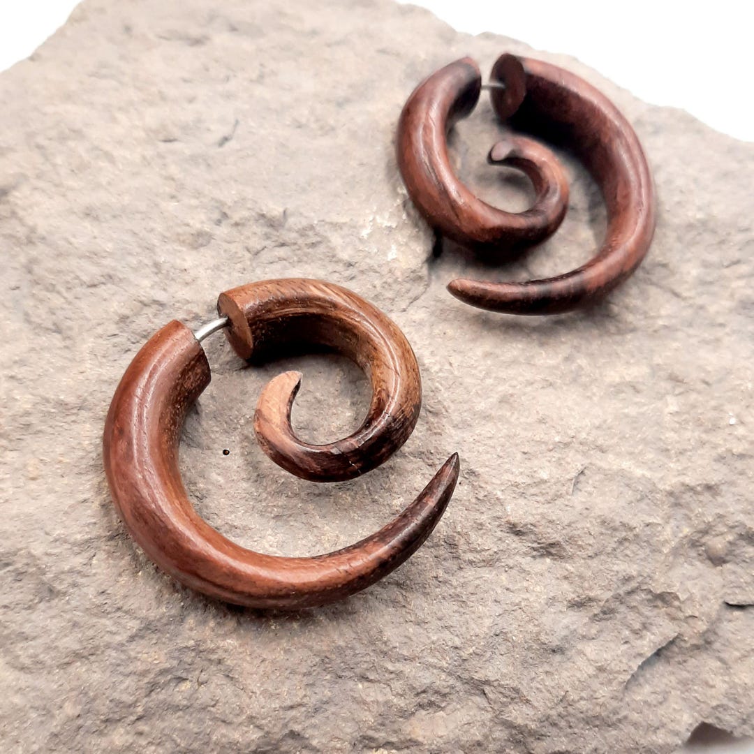Large Spiral Earrings in Brown Wood, Fake Ear Expander for Men and ...