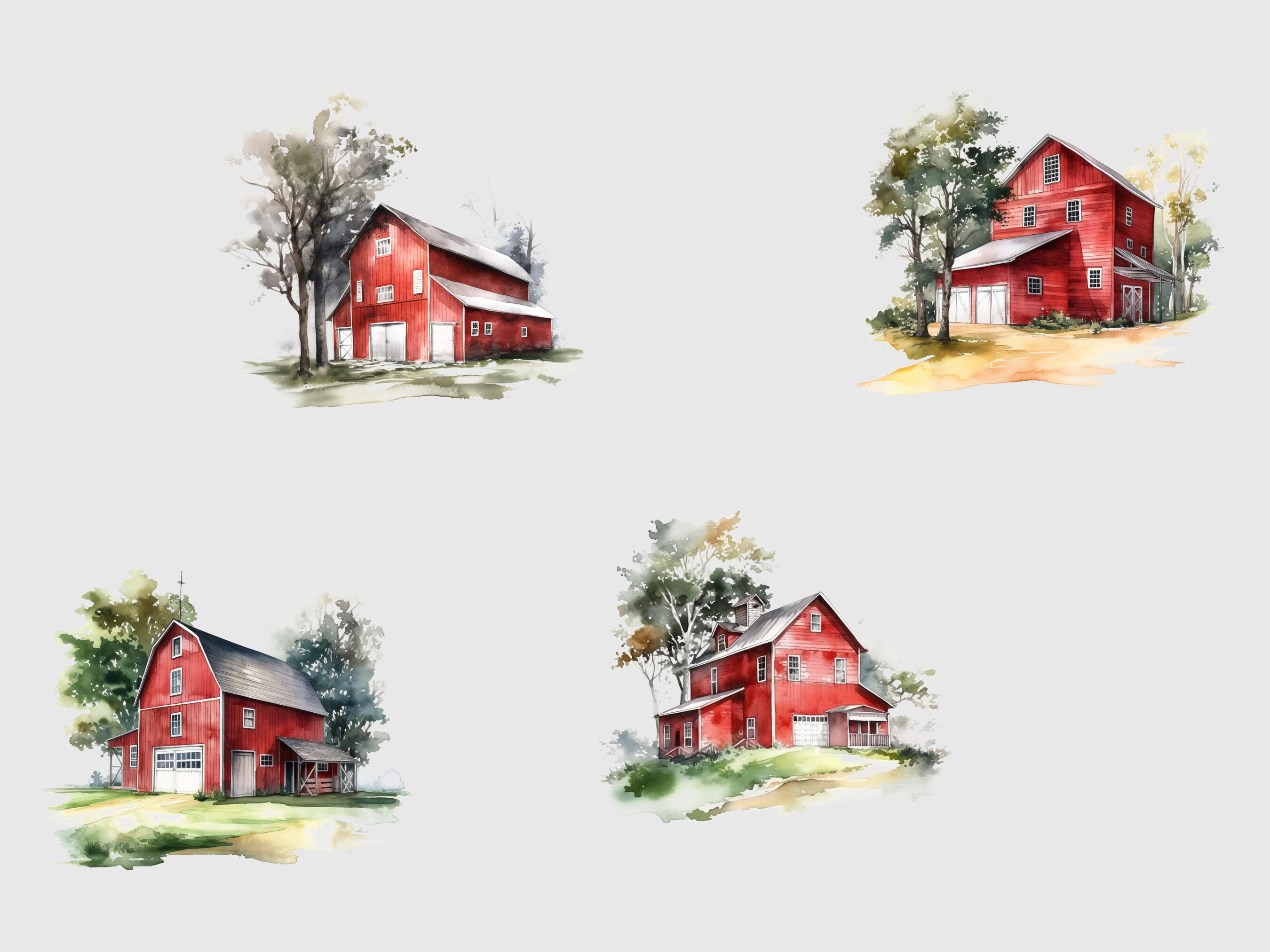 Red Farm Barn Watercolor Clipart, Farmhouse Clipart, Barn Bundle PNG ...