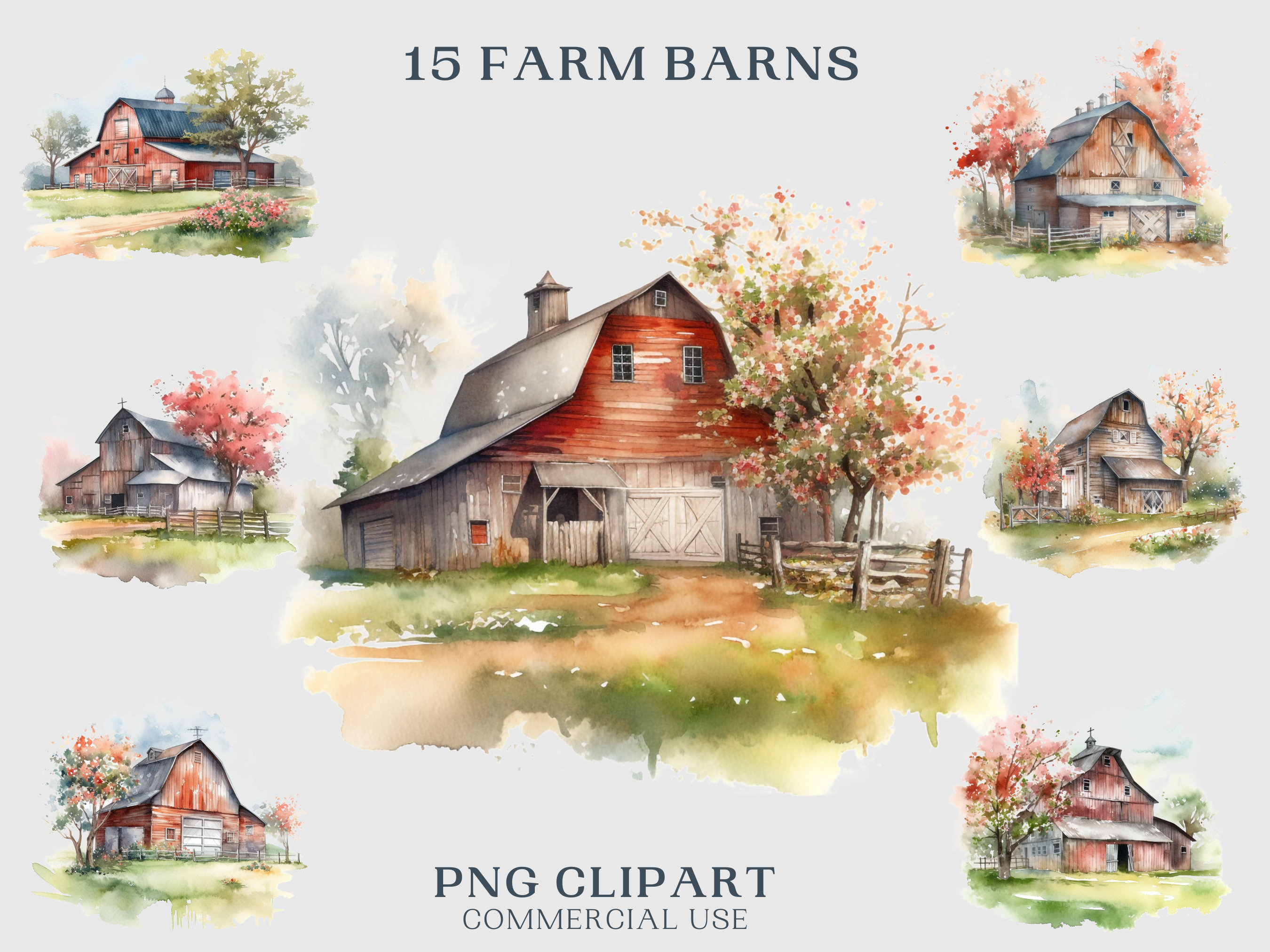 Farm Barn Watercolor Clipart, Farmhouse Clipart, Barn Bundle PNG, House ...