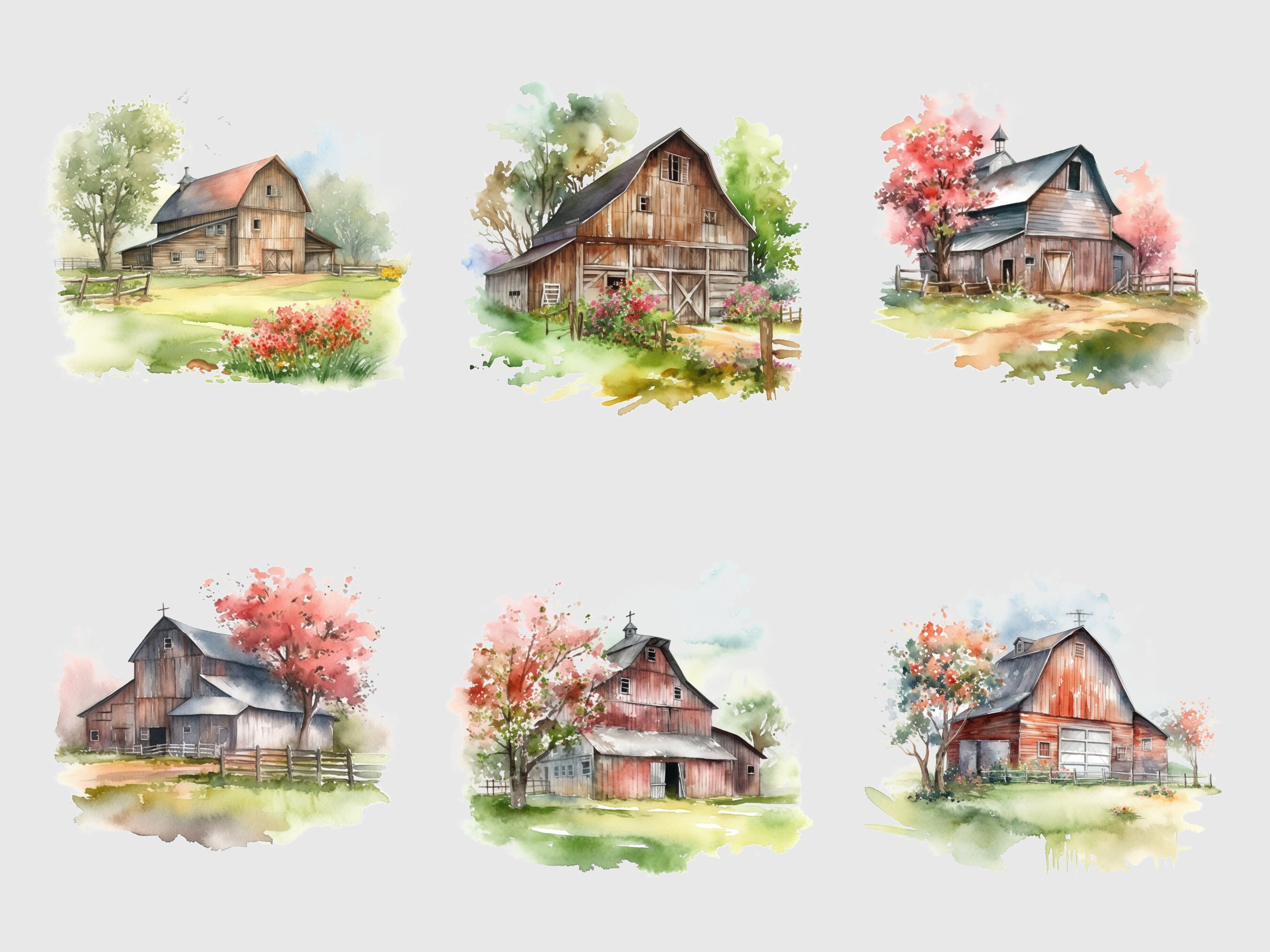 Farm Barn Watercolor Clipart, Farmhouse Clipart, Barn Bundle PNG, House ...