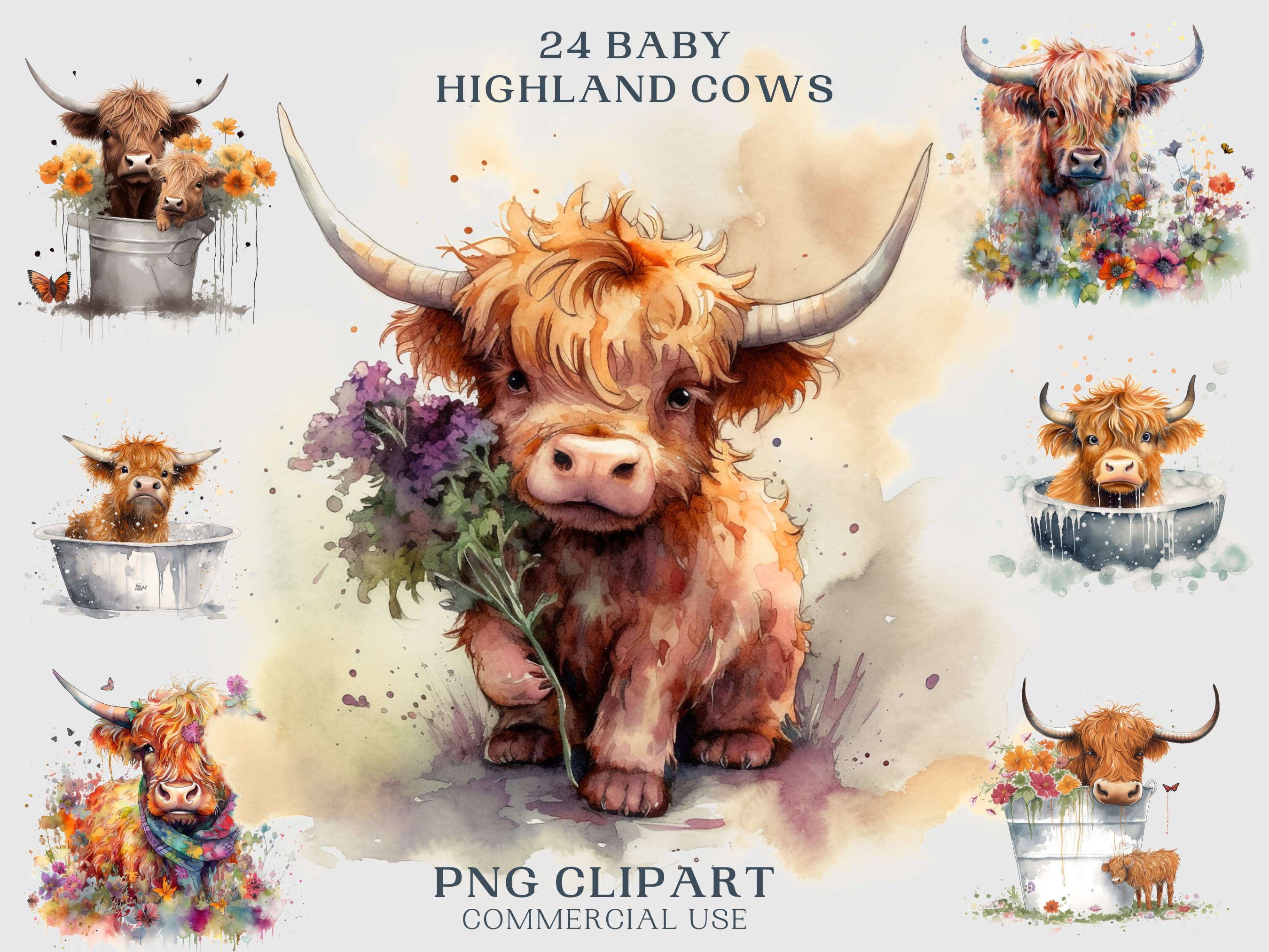 Highland Cow Png, Watercolor Clipart, Highland Cow Baby, Baby Shower ...
