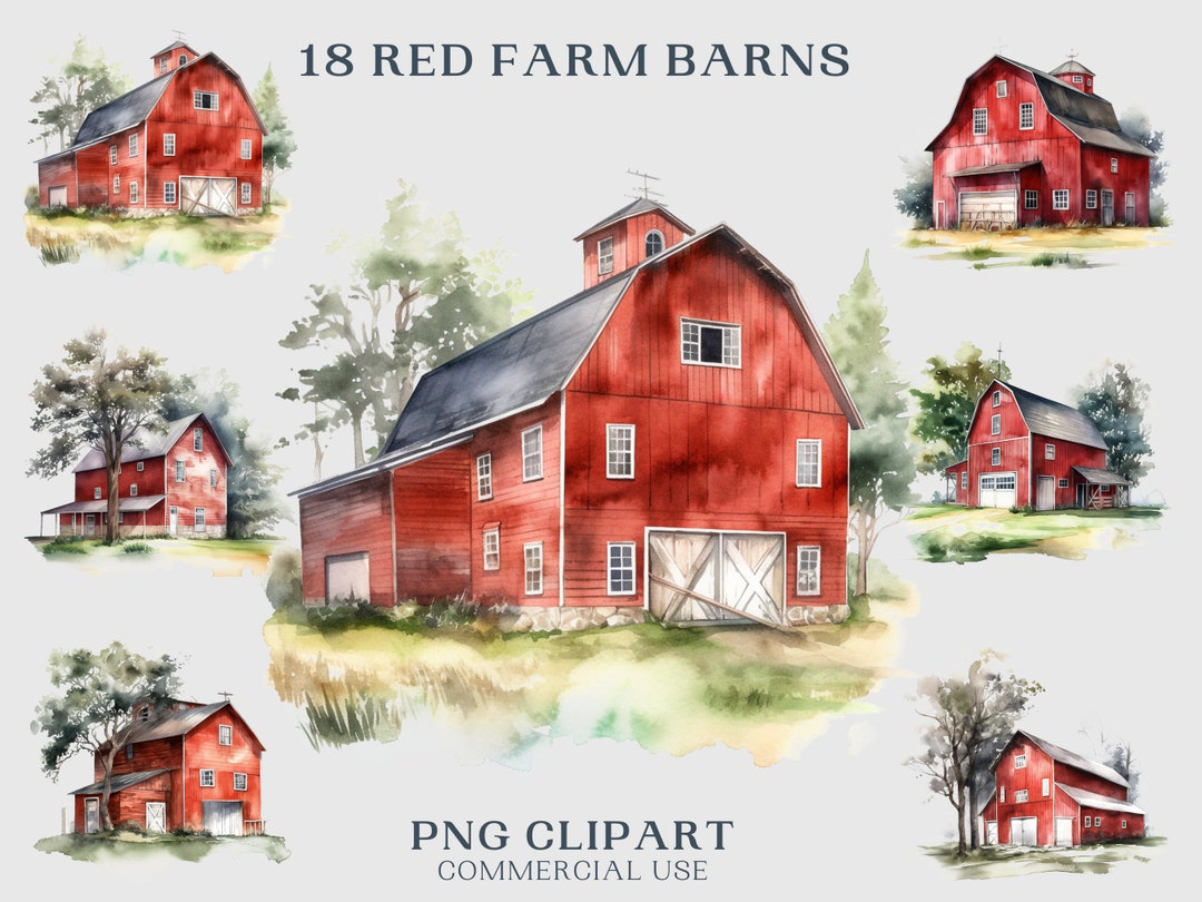 Red Farm Barn Watercolor Clipart, Farmhouse Clipart, Barn Bundle PNG ...