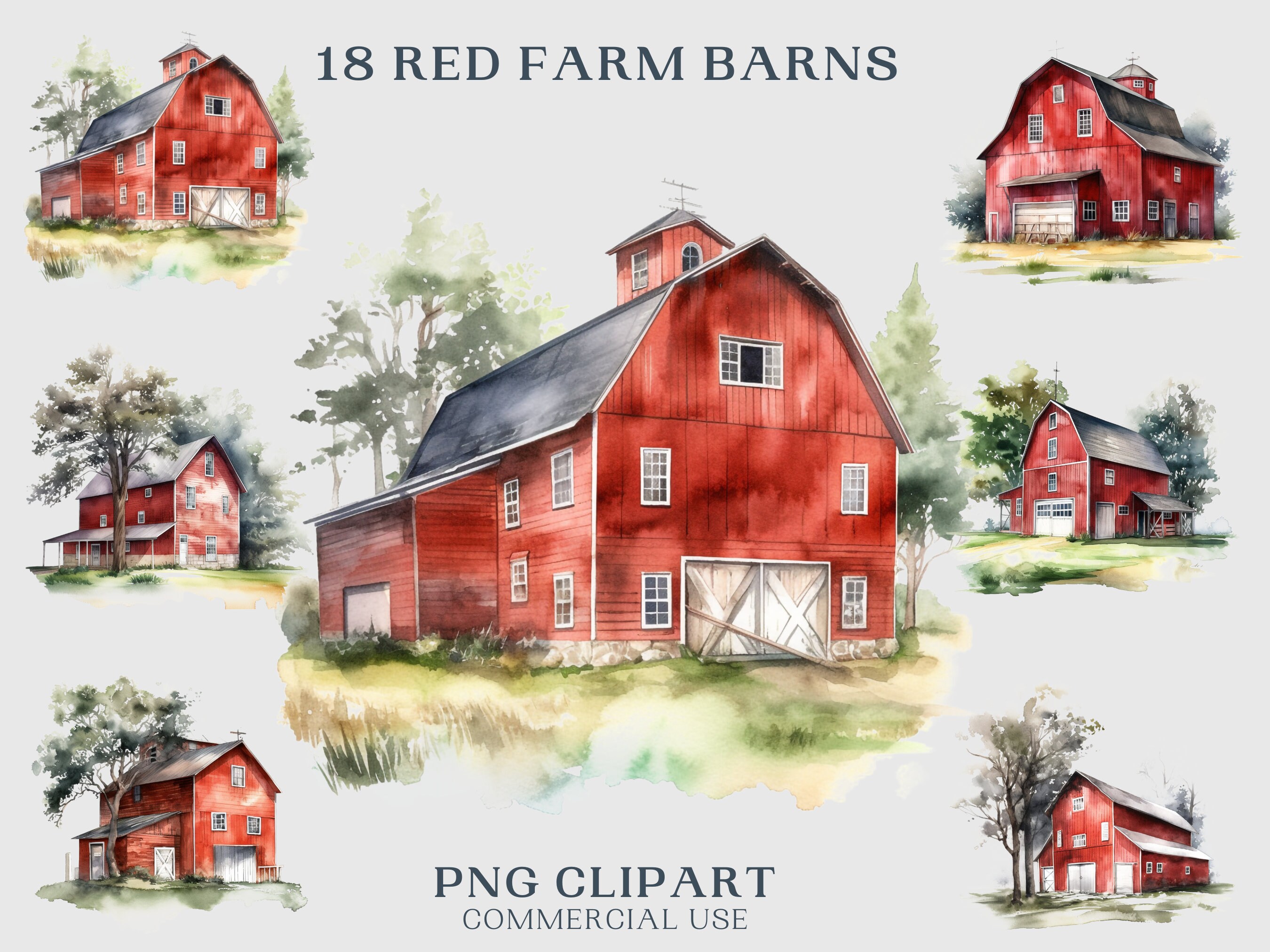Red Farm Barn Watercolor Clipart, Farmhouse Clipart, Barn Bundle PNG ...