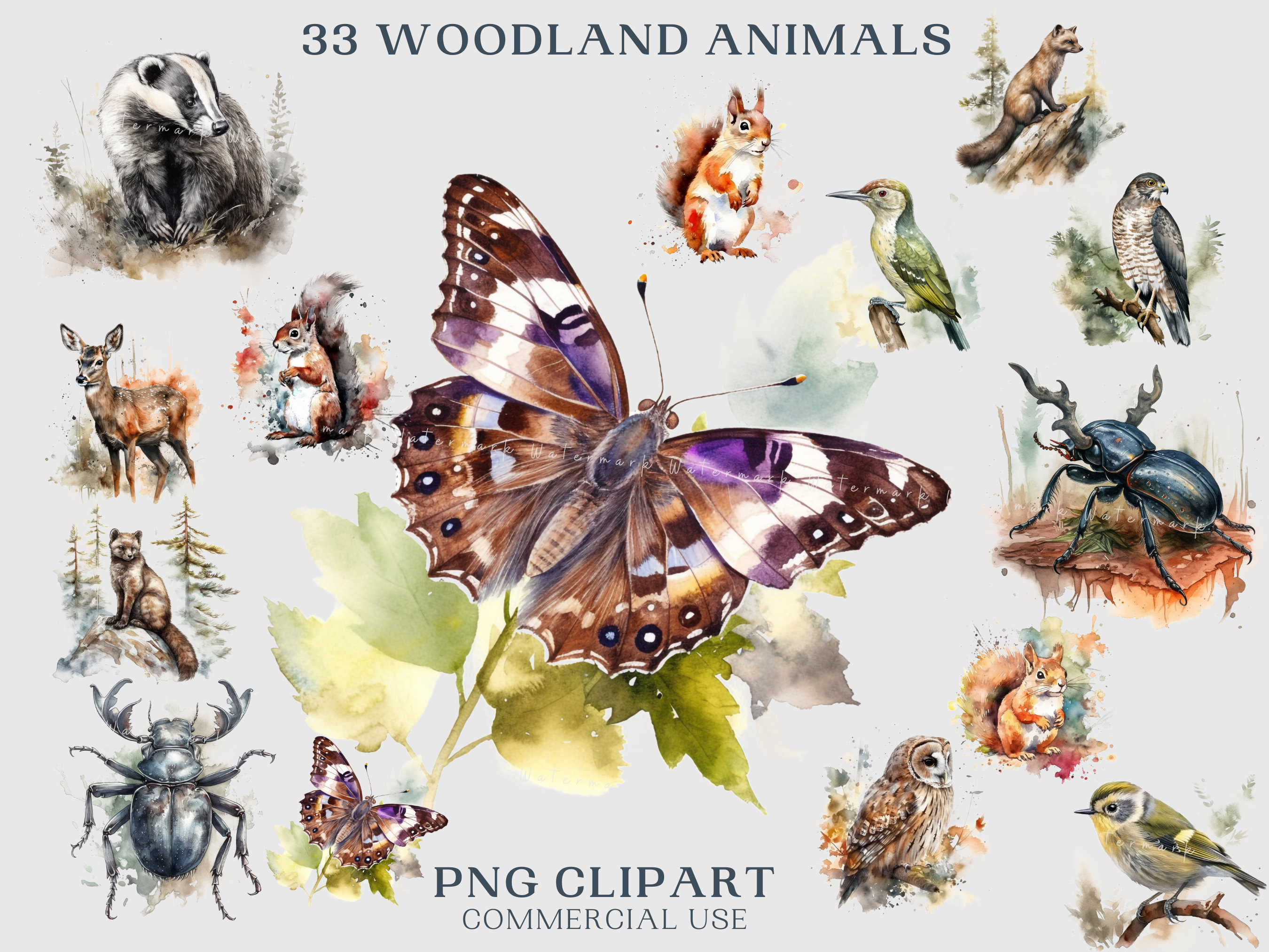 Woodland Animals Clipart Watercolor, Clipart for Commercial Use ...