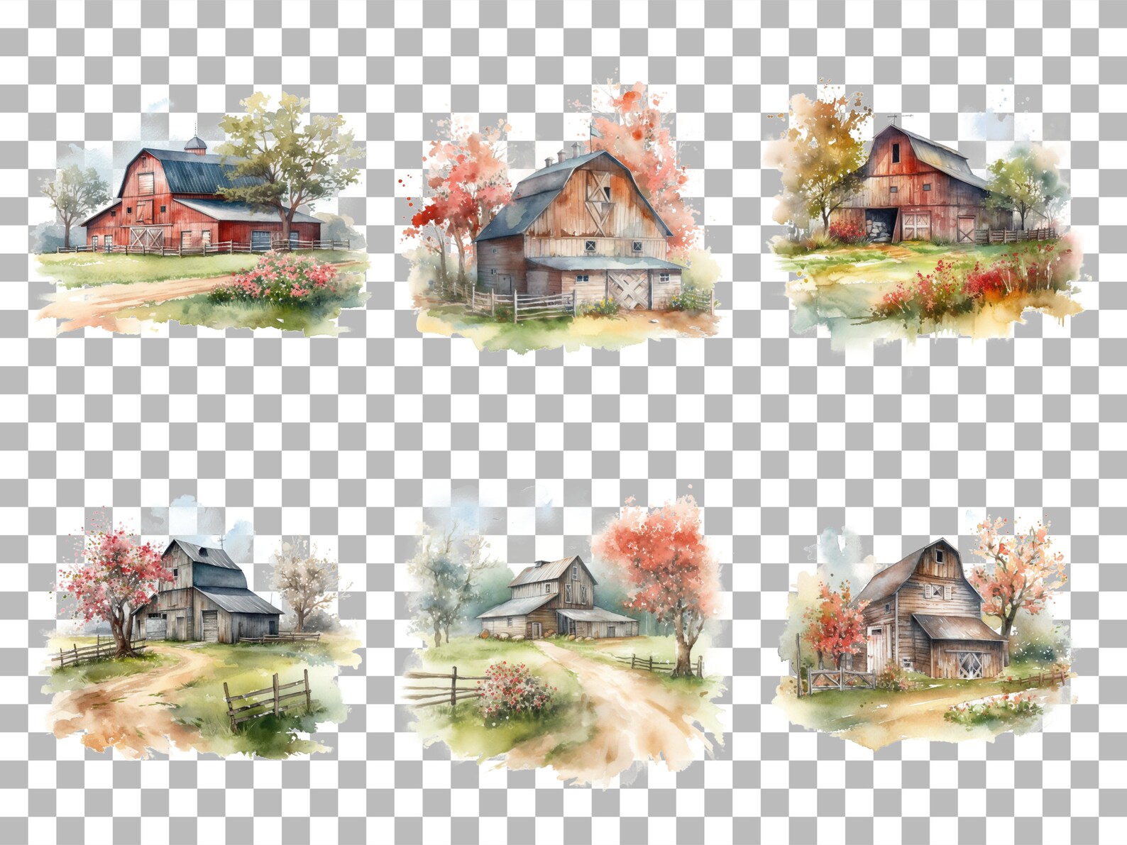 Farm Barn Watercolor Clipart, Farmhouse Clipart, Barn Bundle PNG, House ...