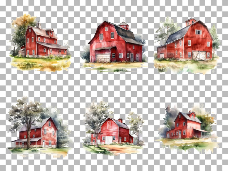 Red Farm Barn Watercolor Clipart, Farmhouse Clipart, Barn Bundle PNG ...
