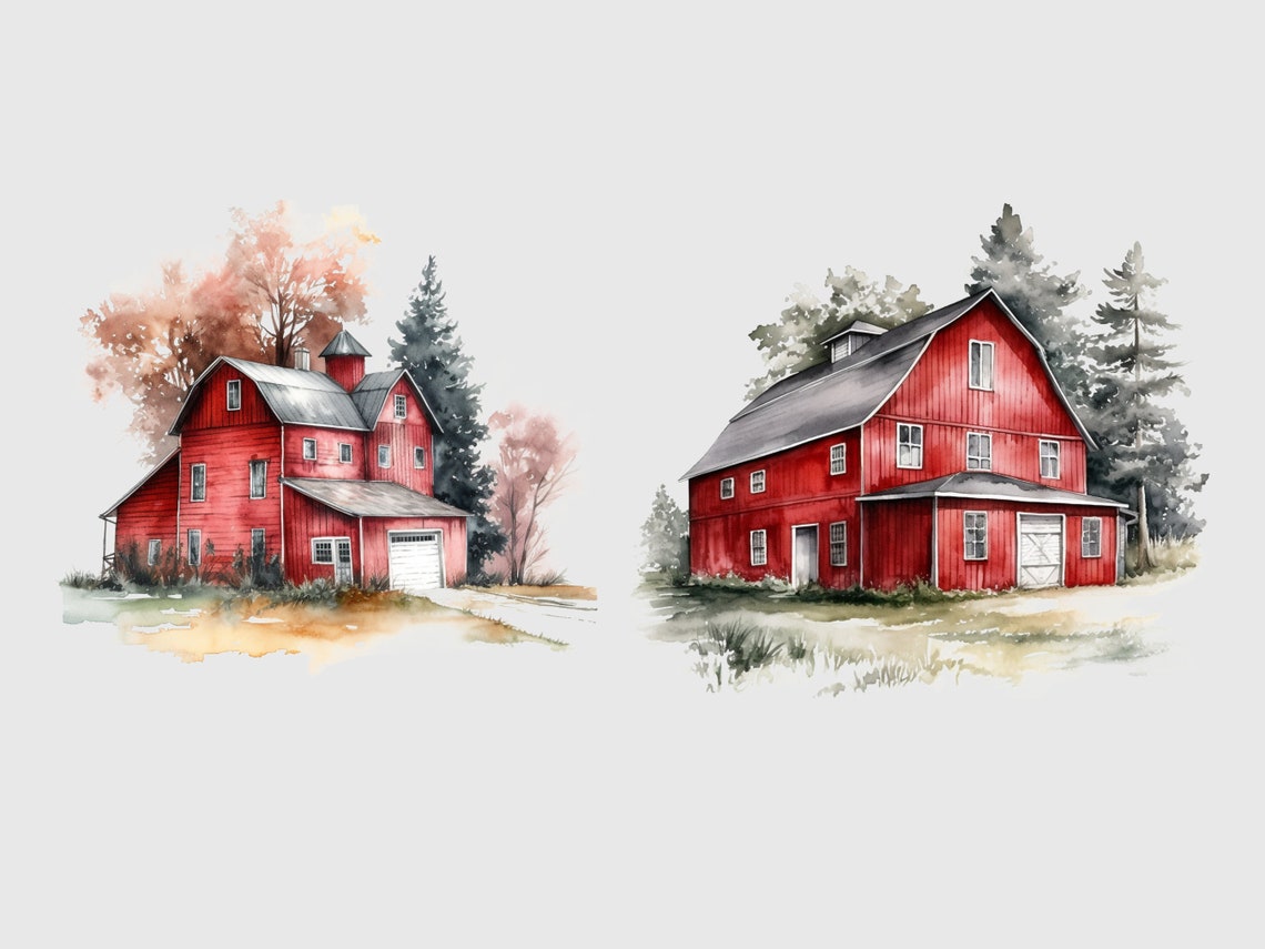 Red Farm Barn Watercolor Clipart, Farmhouse Clipart, Barn Bundle PNG ...
