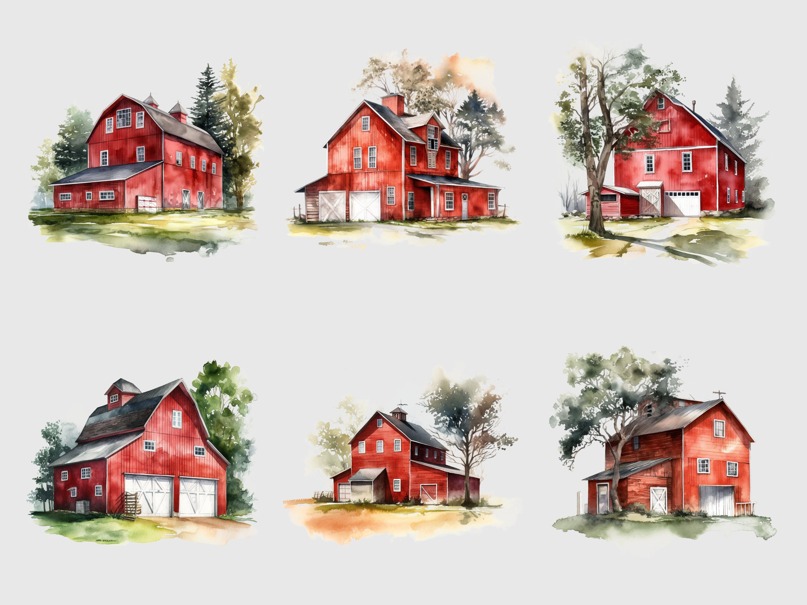 Red Farm Barn Watercolor Clipart, Farmhouse Clipart, Barn Bundle PNG ...