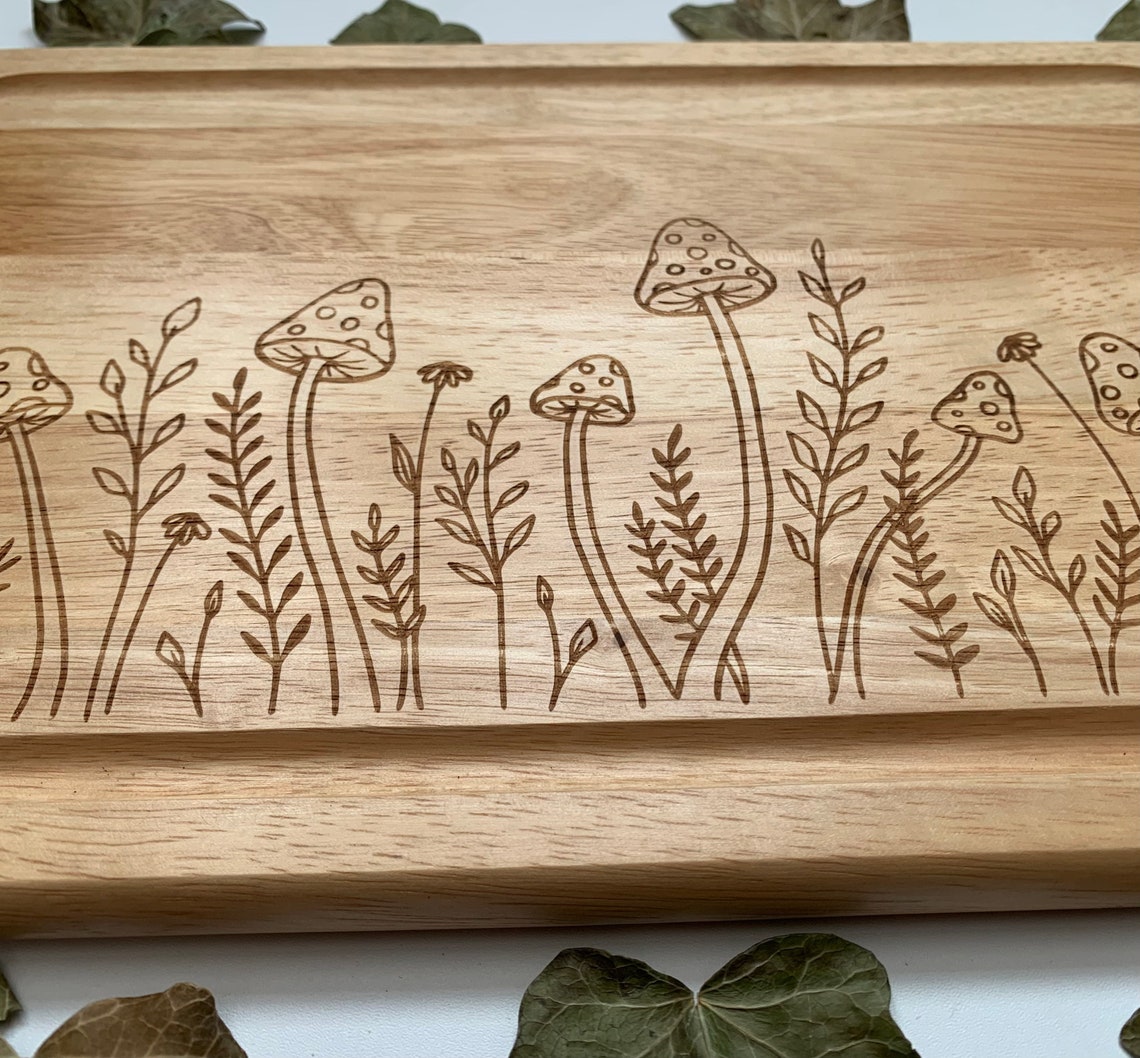 Engraved Mushroom Hevea Wood Cutting Board: Cottagecore Kitchen Decor ...