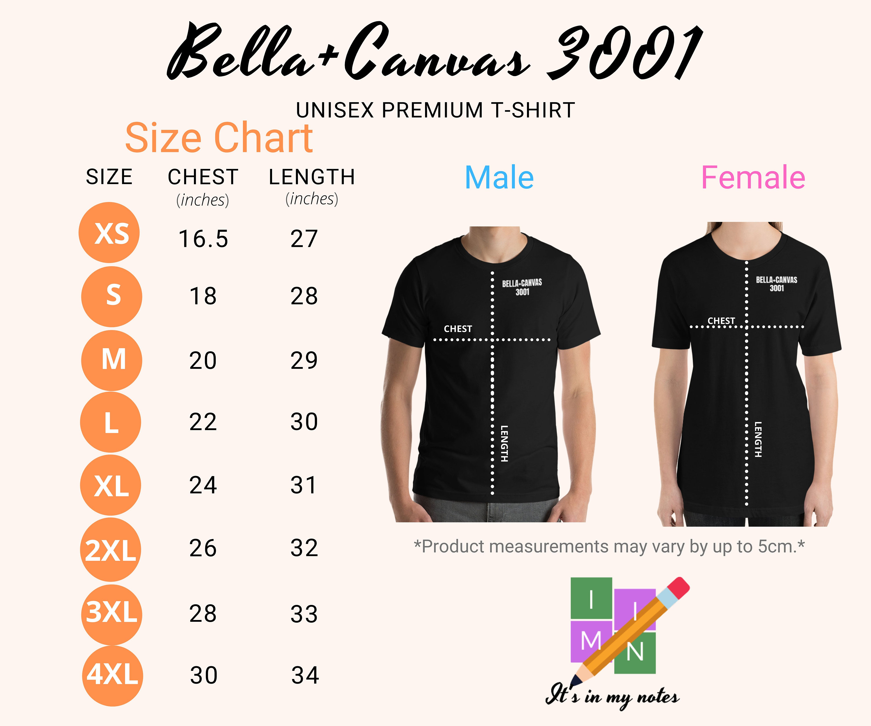 Bella Canvas 3001 Unisex Premium T Shirt Size Chart Etsy