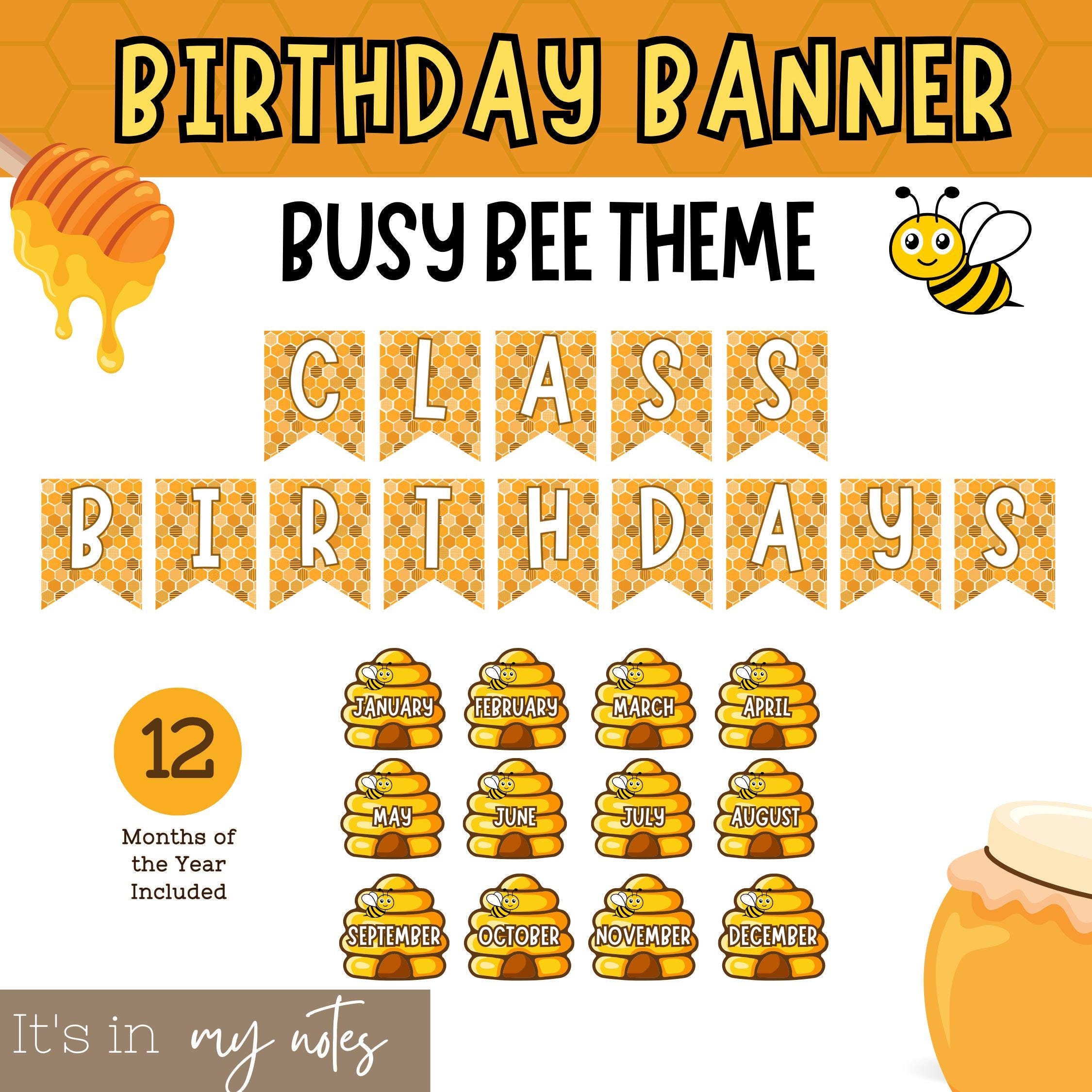 Bee Themed Class Birthday Banner With Months of the Year and Bee Name ...