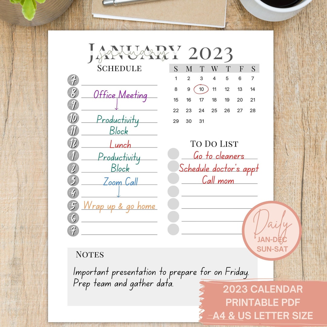 2023 Daily Calendar With Hourly Schedule and to Do List January to ...
