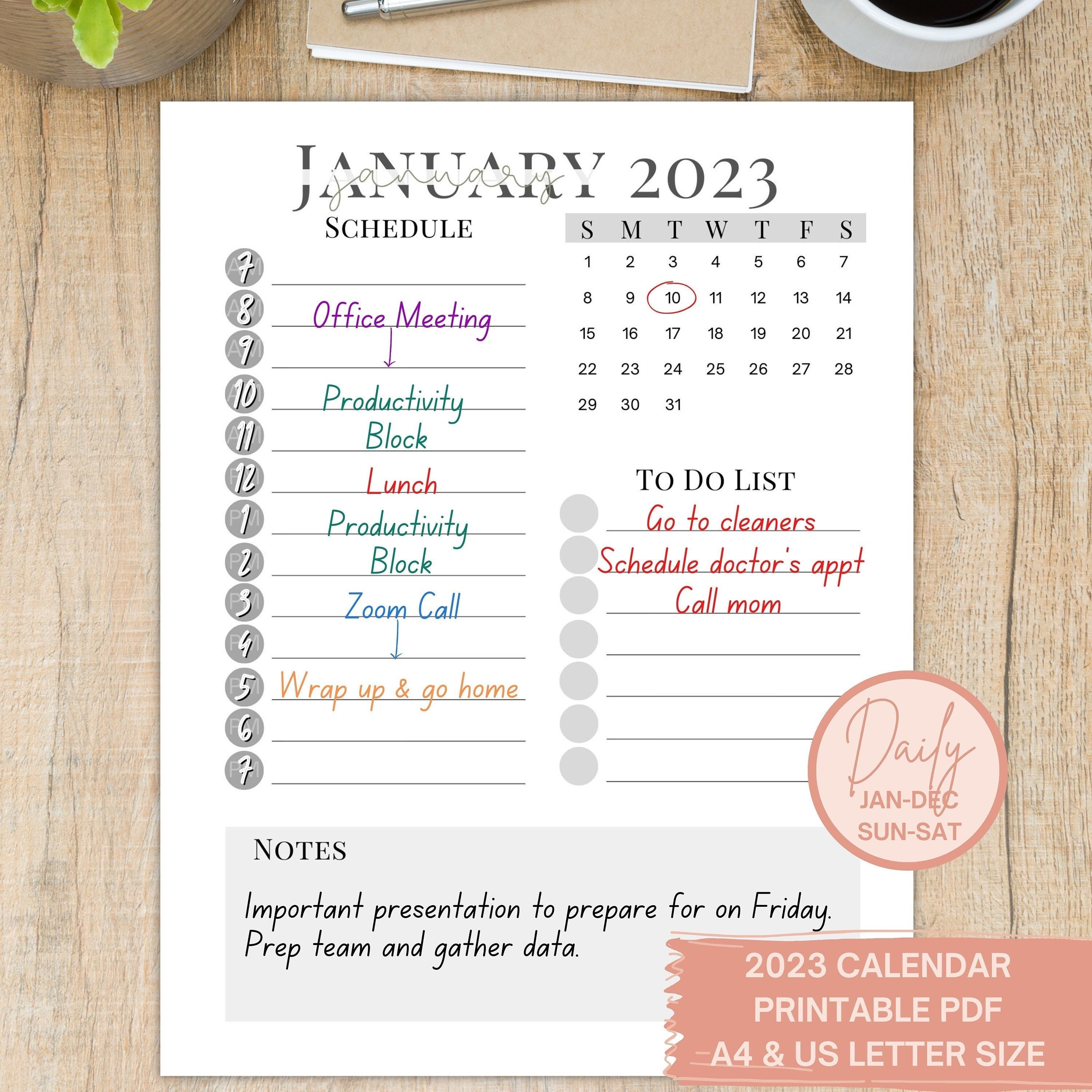 2023 Daily Calendar With Hourly Schedule and to Do List January to ...